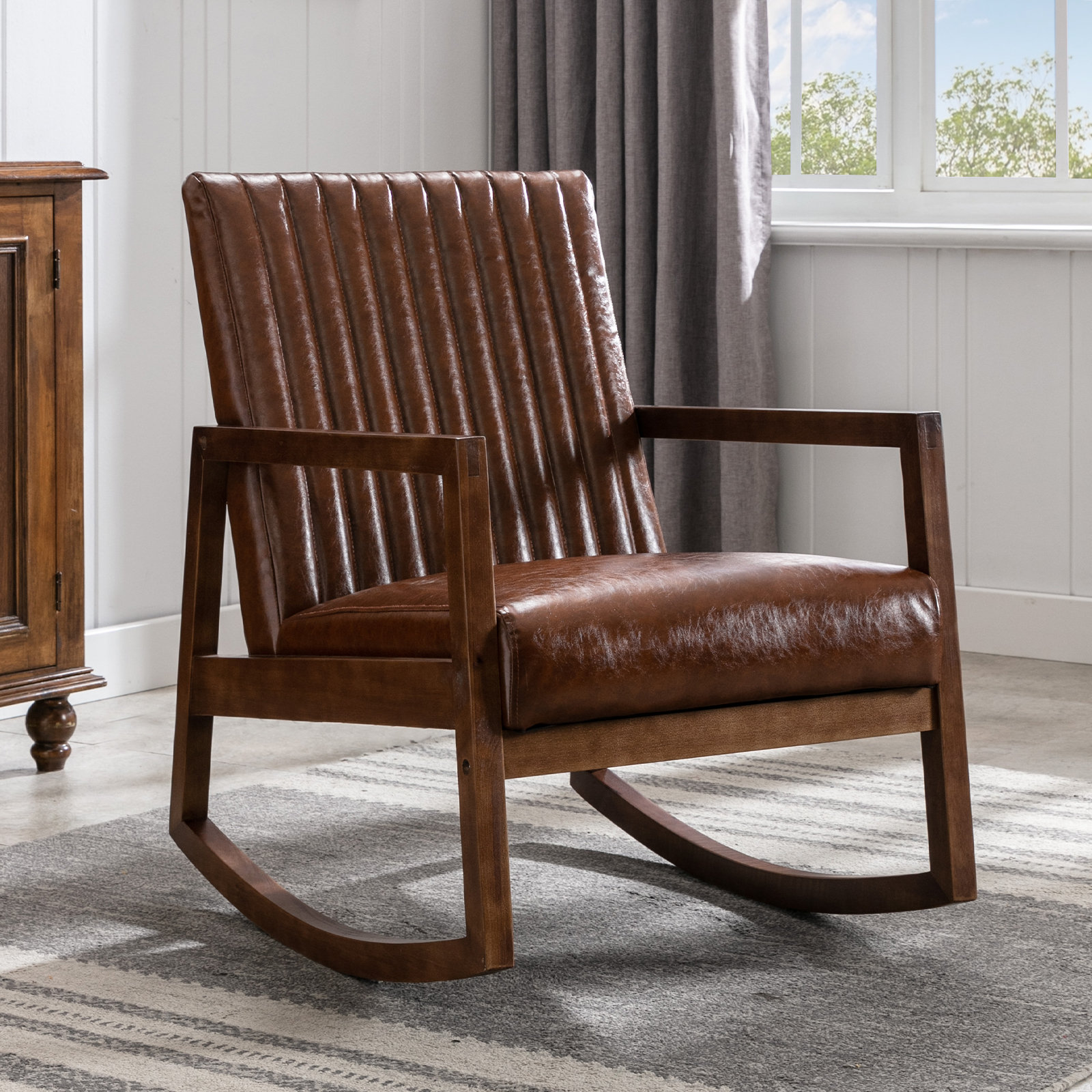 17 Stories Haraku Faux Leather Brown Upholstered Rocking Chair whit ...