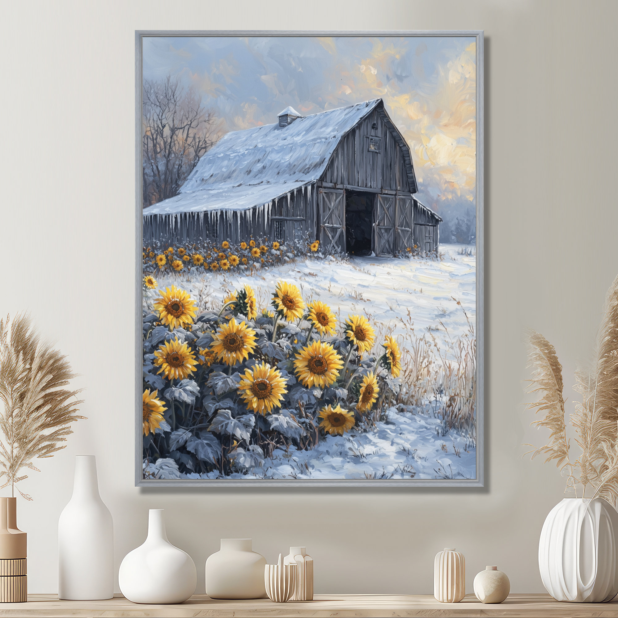 August Grove® Dondrell Winter Sunflowers By The Ice Covered Barn I ...