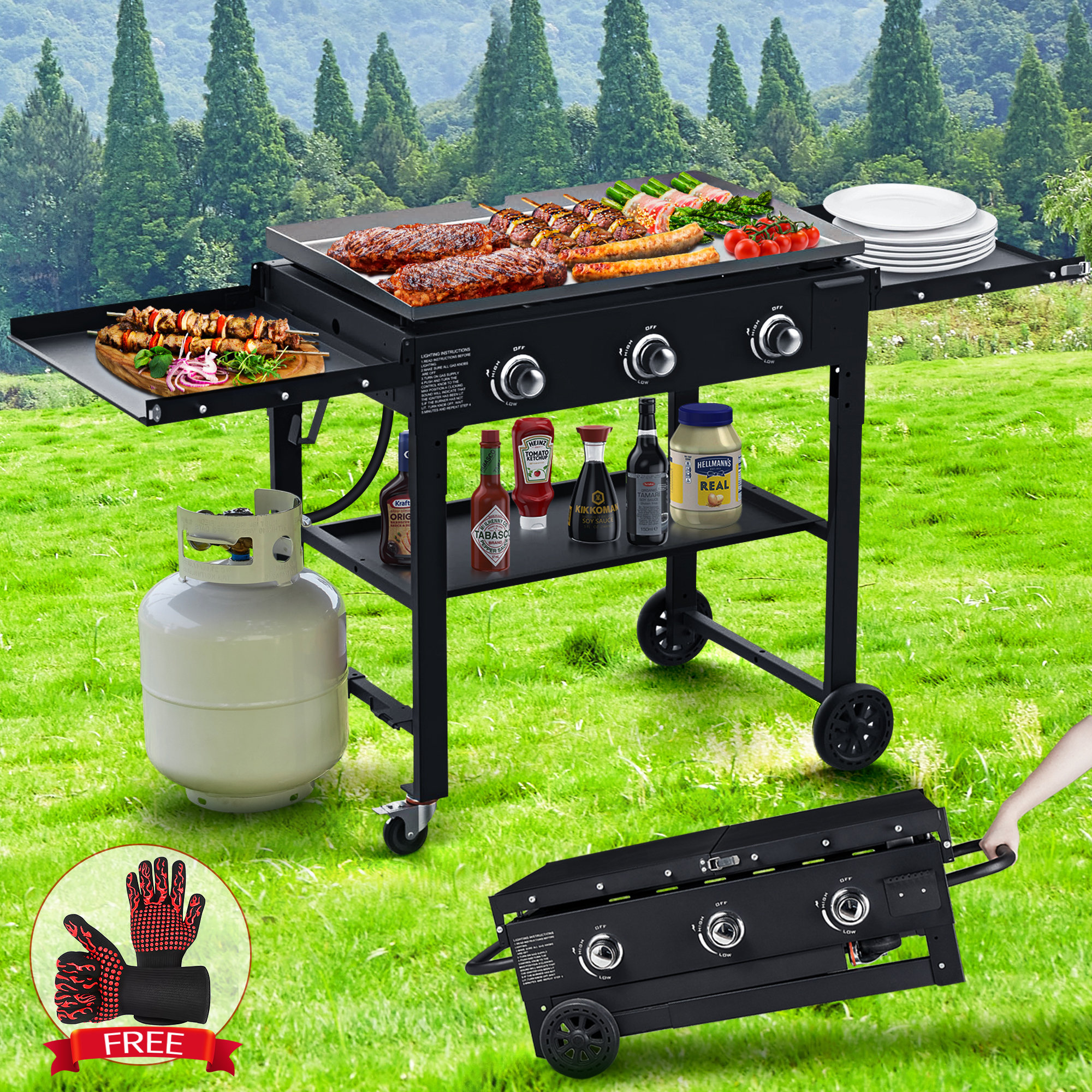Bestfire Foldable Flat Top Grill Griddle-3 Burner Propane 36" Flat ...