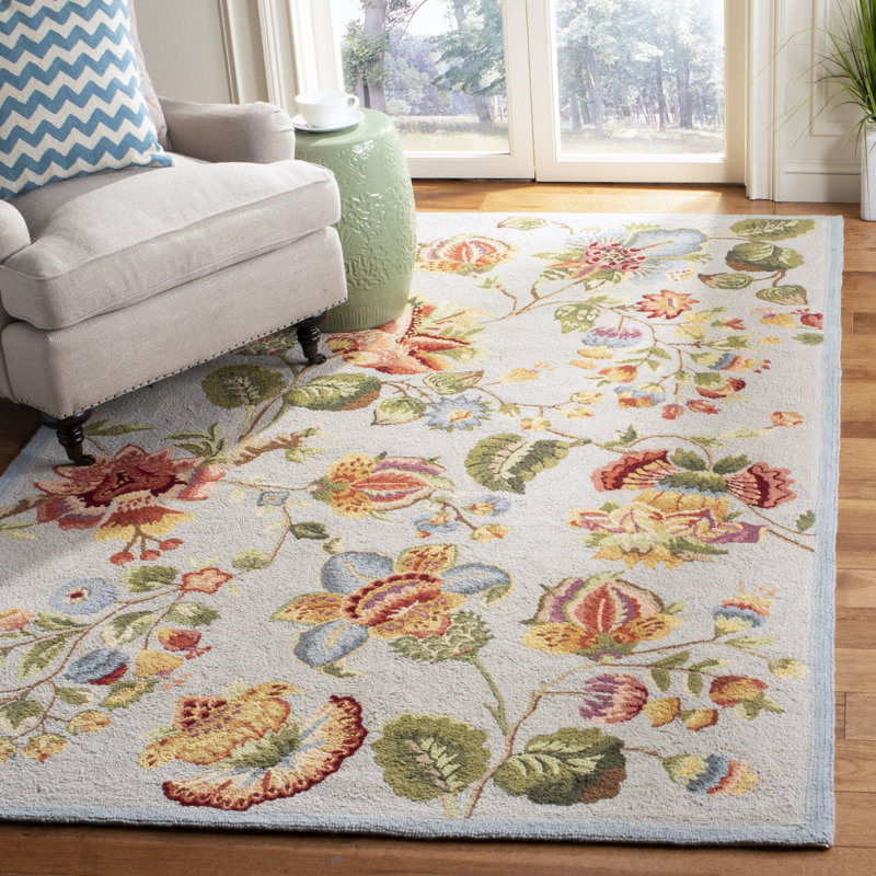 Lark Manor Hollander Floral Hand Hooked Wool Light Blue Area Rug ...
