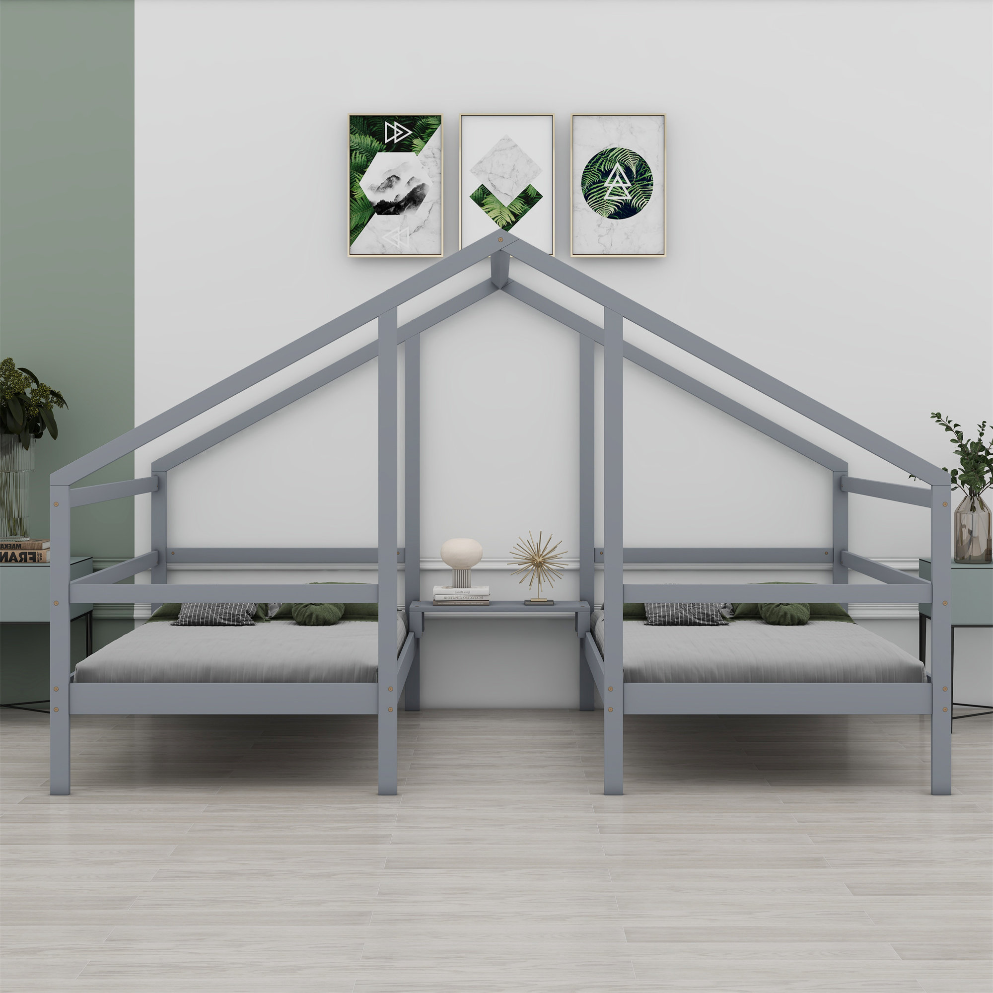 Harper Orchard Double Triangular House Beds With Built-In Shelves | Wayfair