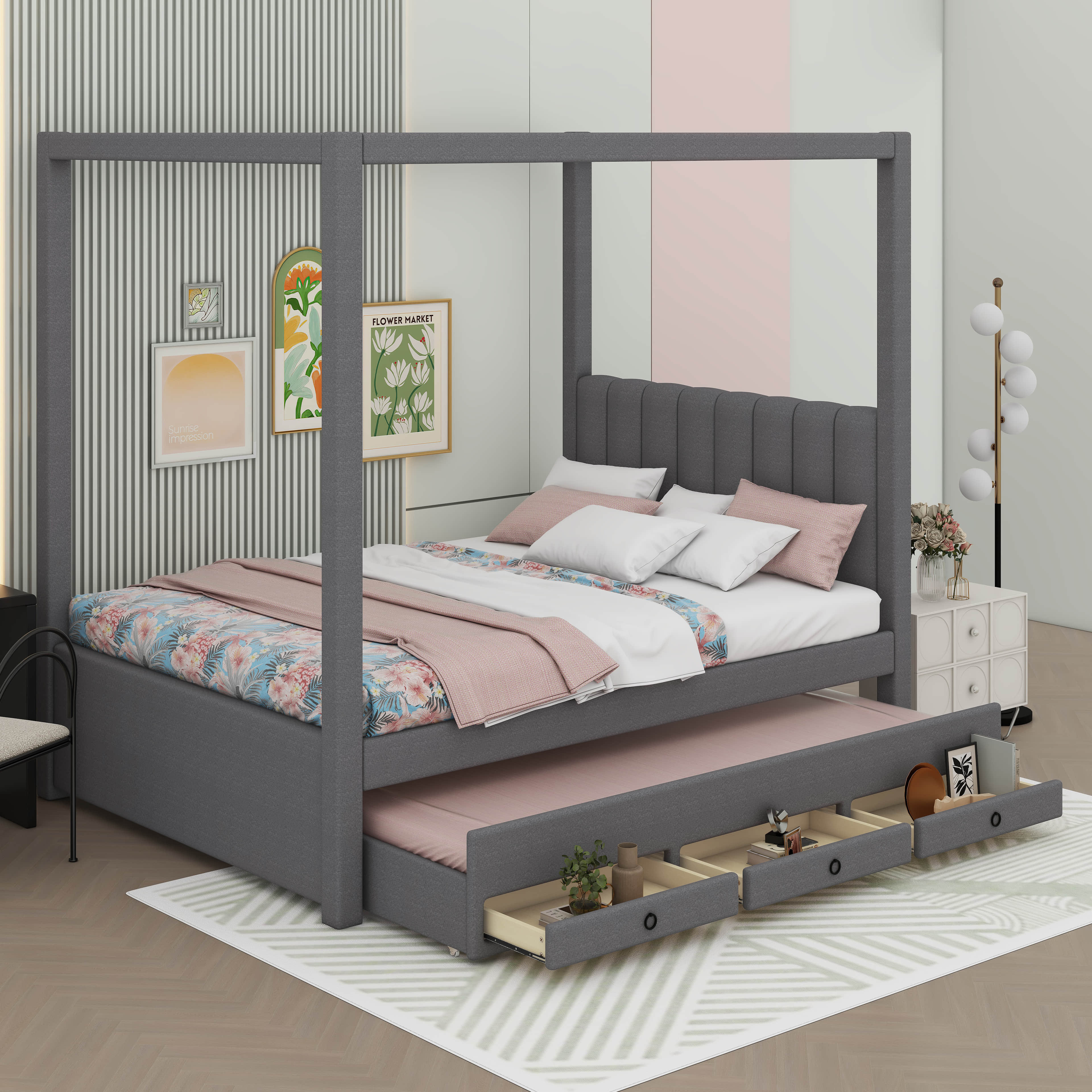 Lark Manor Upholstery Canopy Platform Bed With Trundle And Three ...