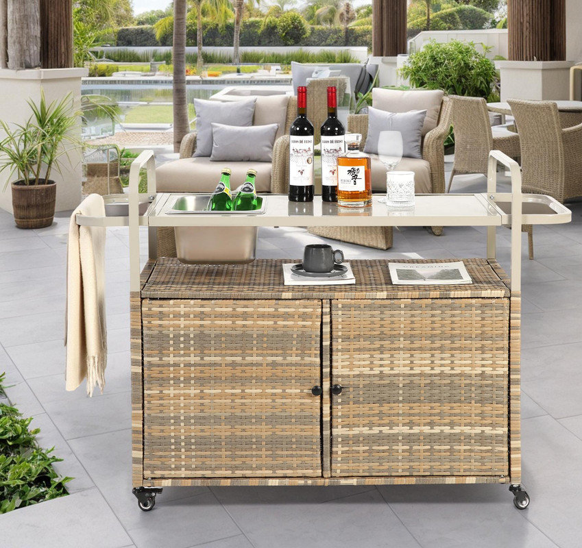 Hokku Designs Outdoor Bar Table: A Wicker Bar Cart with a Cabinet ...