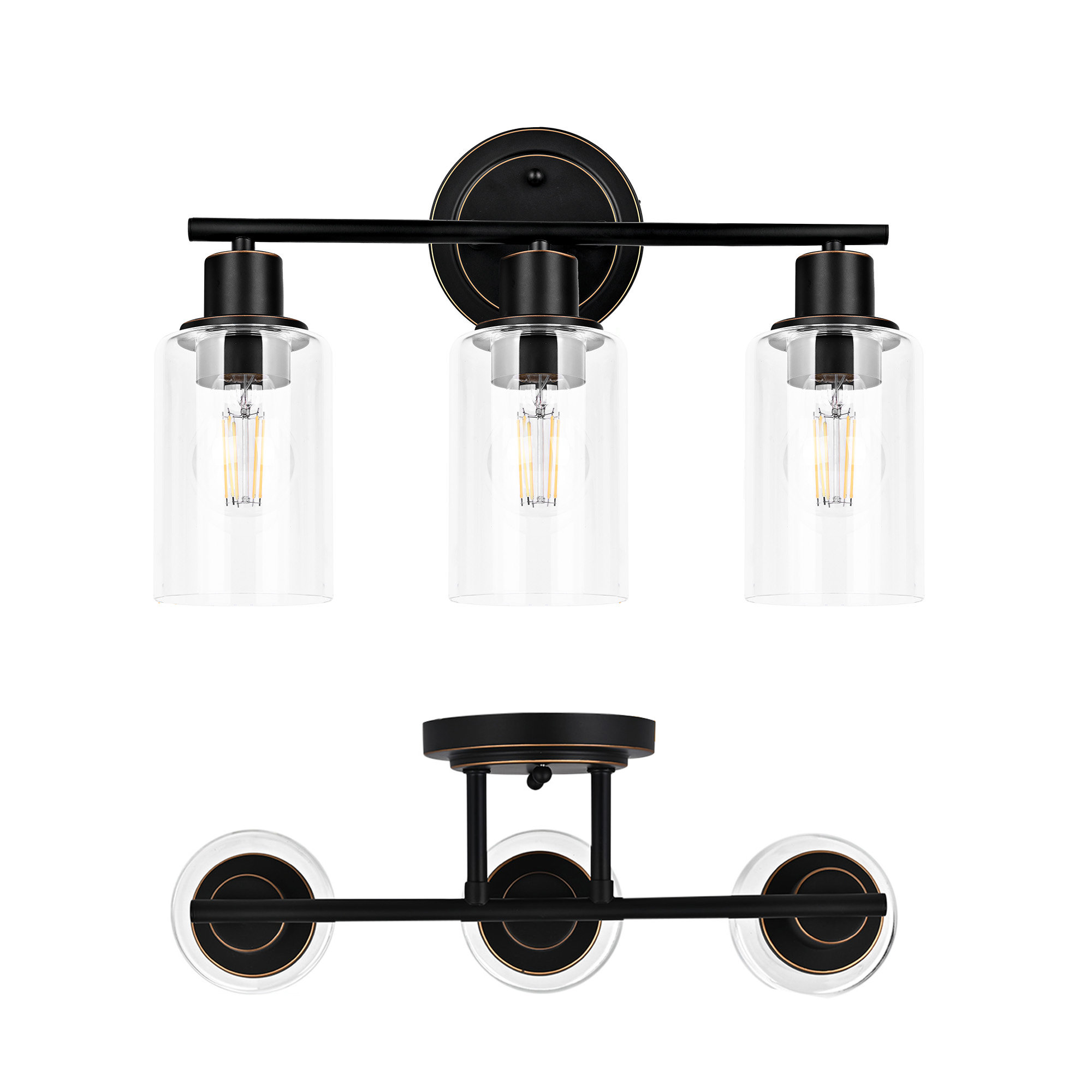 Ebern Designs 3-Light Bathroom Light Fixture with Clear Glass Shade ...
