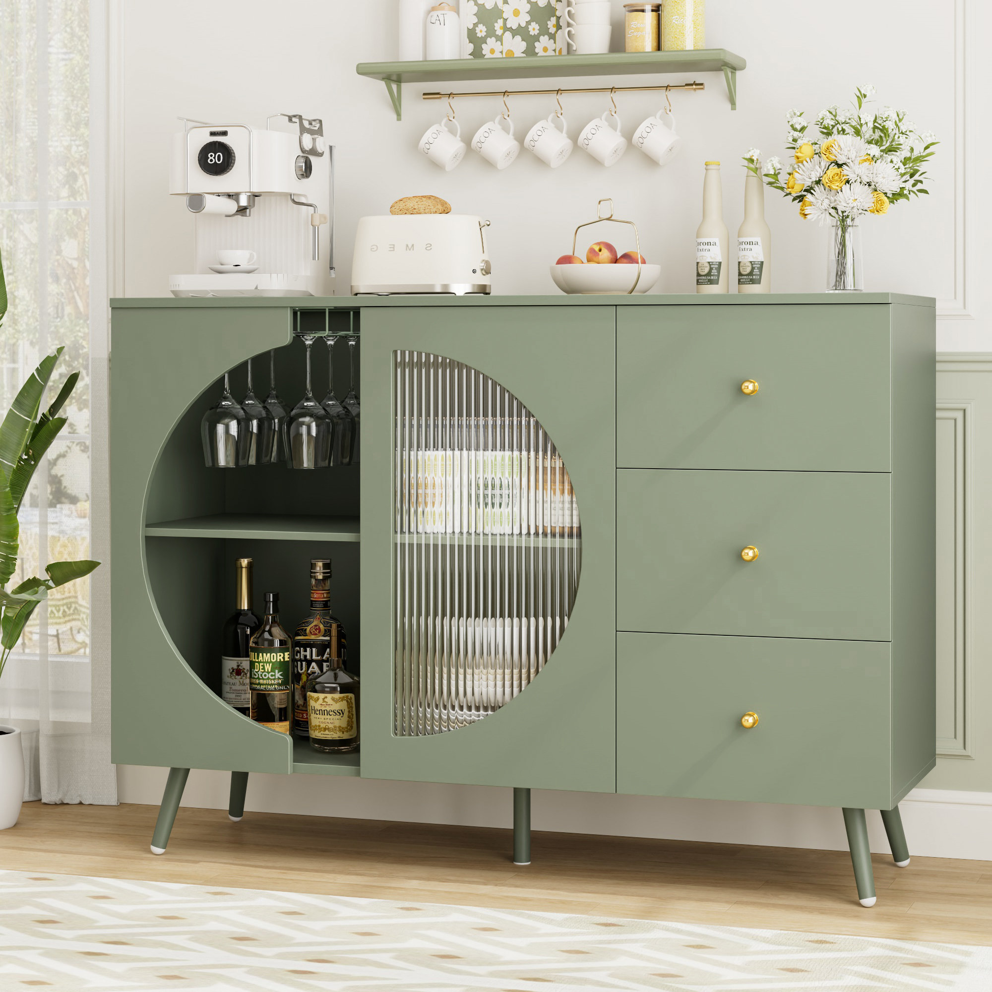 Wade Logan Chanyah 47.2" W Kitchen Sideboard with 3 Drawers & Wine ...