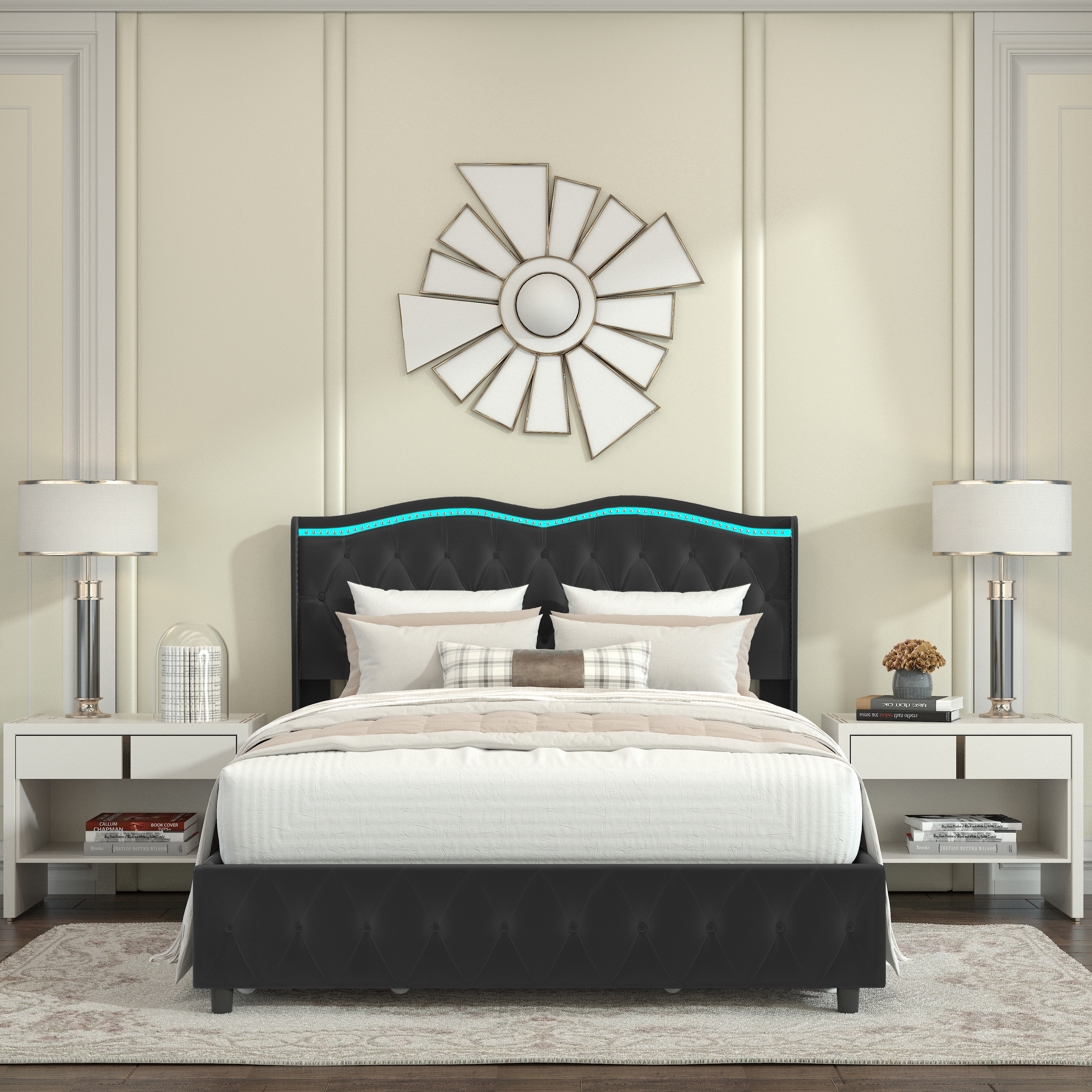 Wade Logan Queen Velvet Upholstered Bed Frame with LED Lights Storage ...