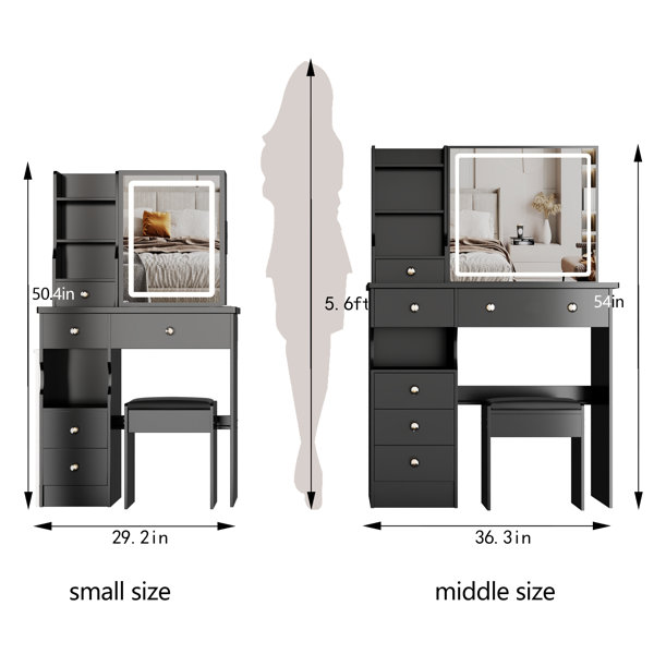 Latitude Run® Small Space Left Drawer Desktop Vanity Table + Cushioned ...