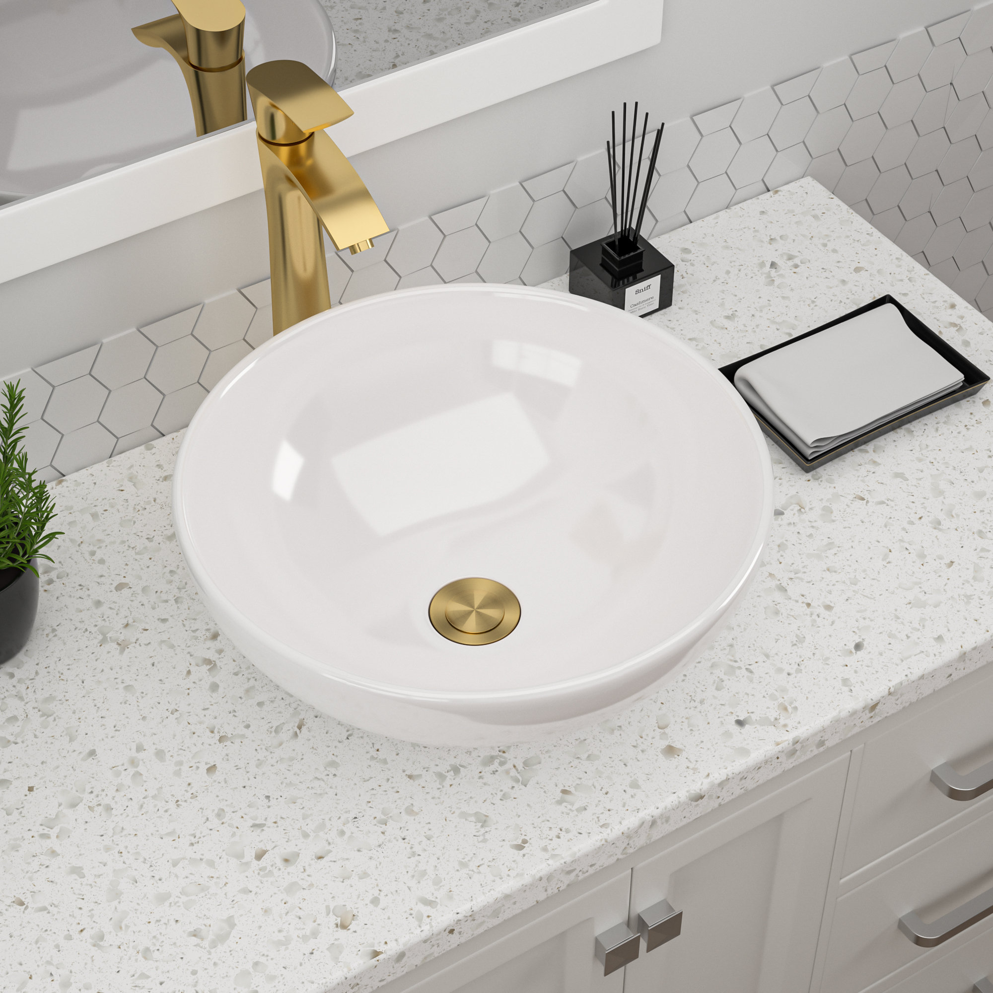OUMUCH 13" L x 13" W White Circular Ceramic Bathroom Sink Vessel Sink ...