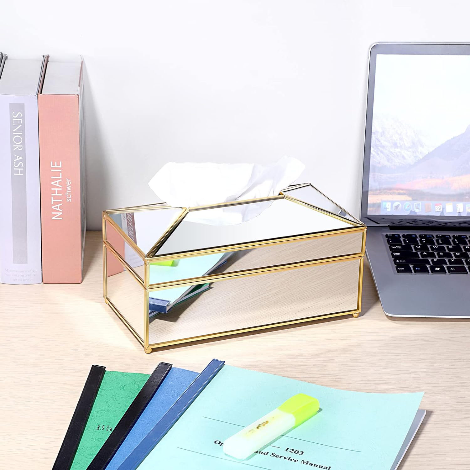 Everly Quinn Tissue Box Cover Rectangle Mirrored Tissue Box,Gold Glass ...