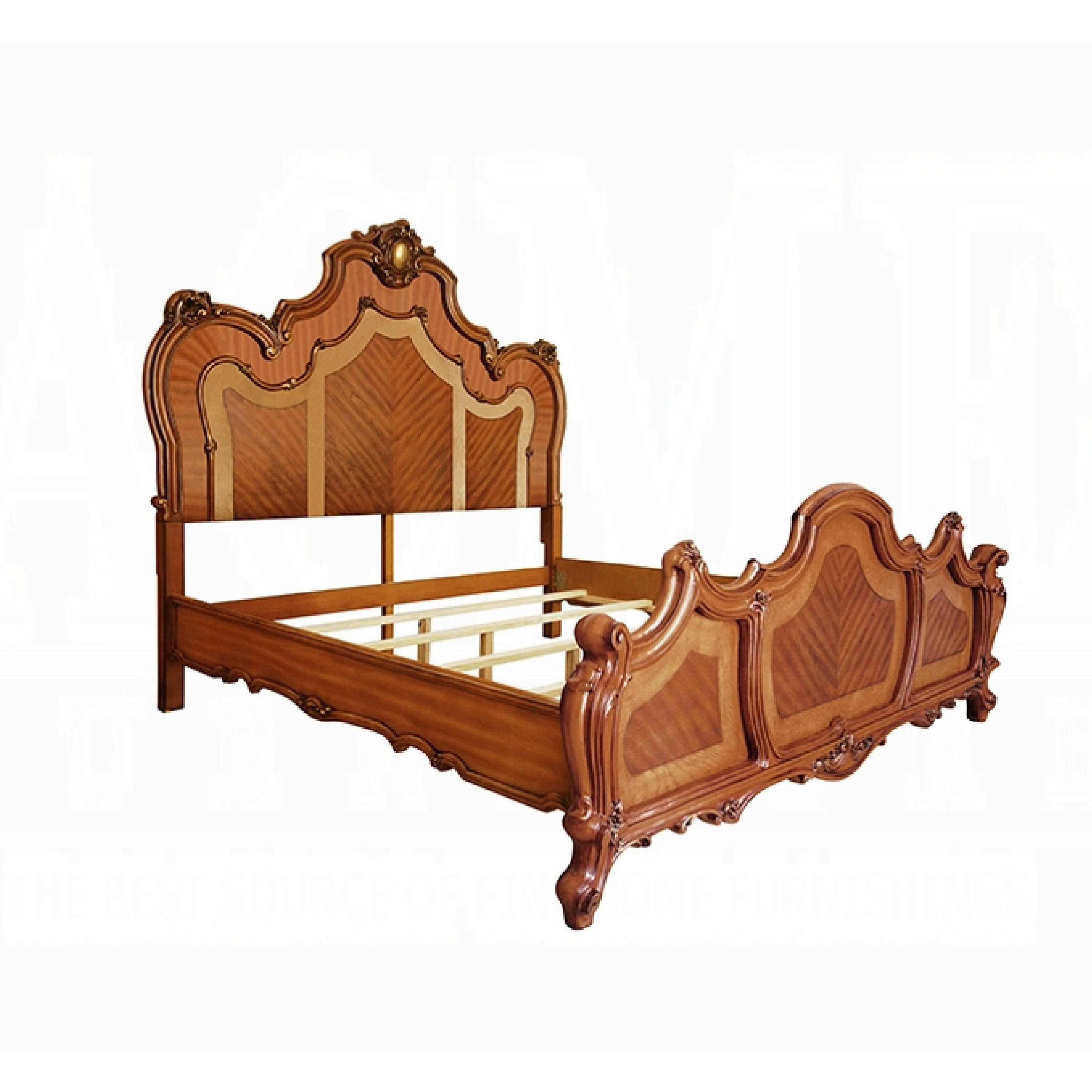 Benjara Pico Bed, Crown Molded Scrolled Trim, Honey Brown Wood | Wayfair