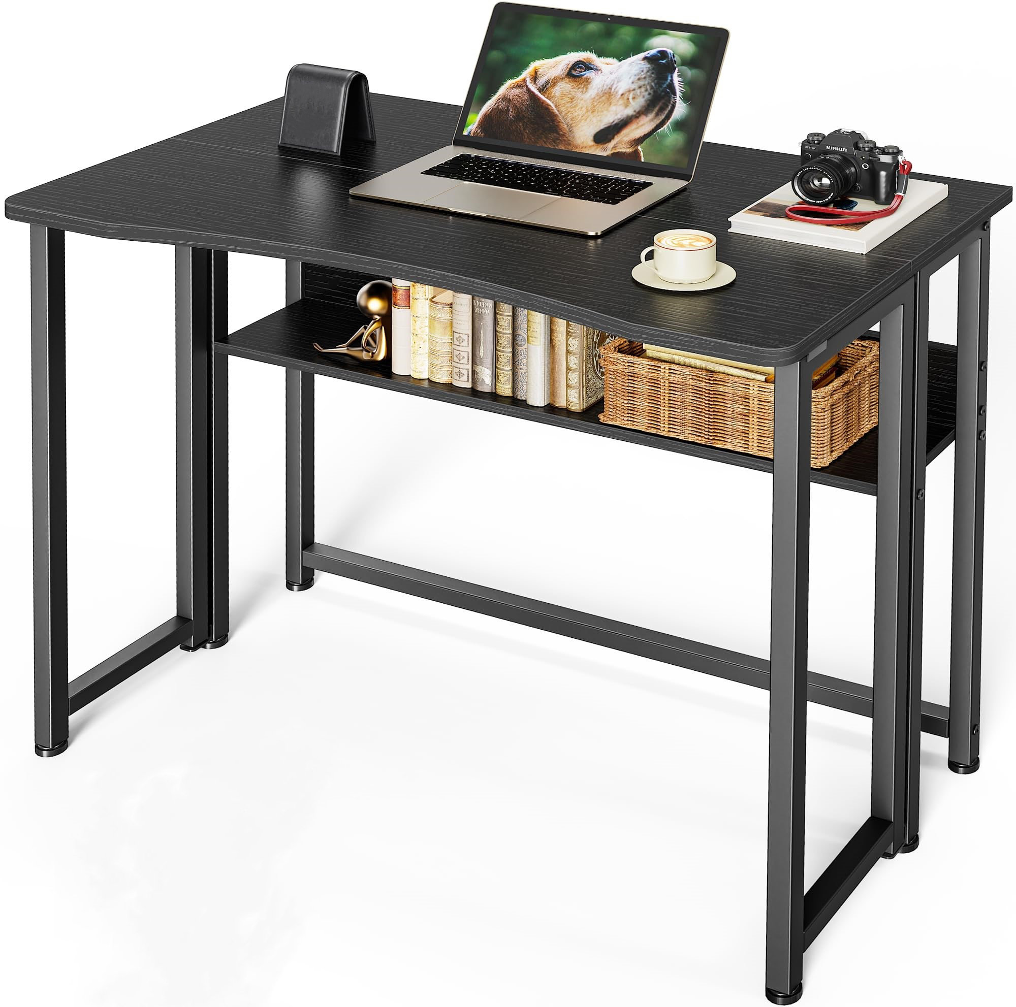 Latitude Run® Folding Desk with Storage Shelf,Computer Table for Small ...