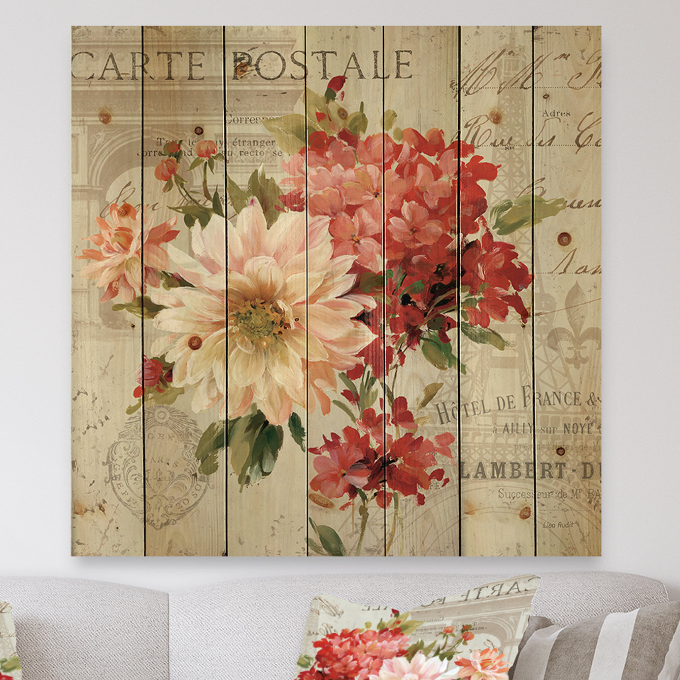 East Urban Home Red Painted Flowers on Vintage Postcard I - Traditional ...