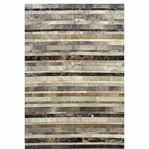 Cowhide Mall Kronos Striped Handmade Leather Gray/Cream/Brown Area Rug ...