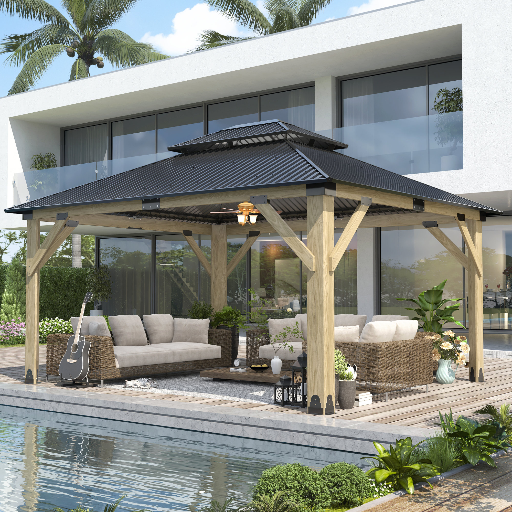 COVERONICS Patio Cedar Wooden Gazebo with Galvanized Steel Hardtop ...