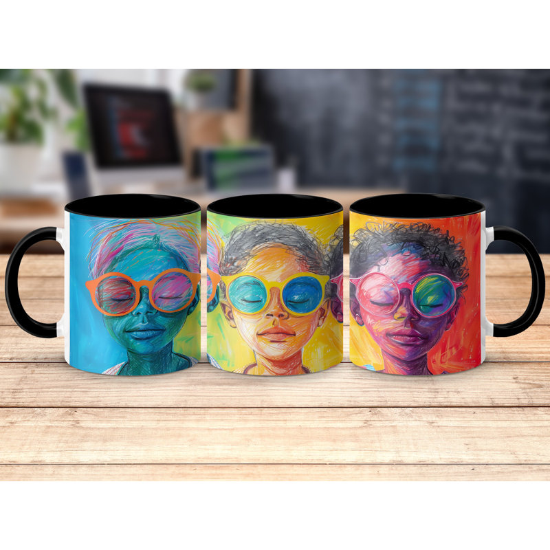 East Urban Home Set of 3 Kids Drawing Style 11oz Accent Mugs – White ...