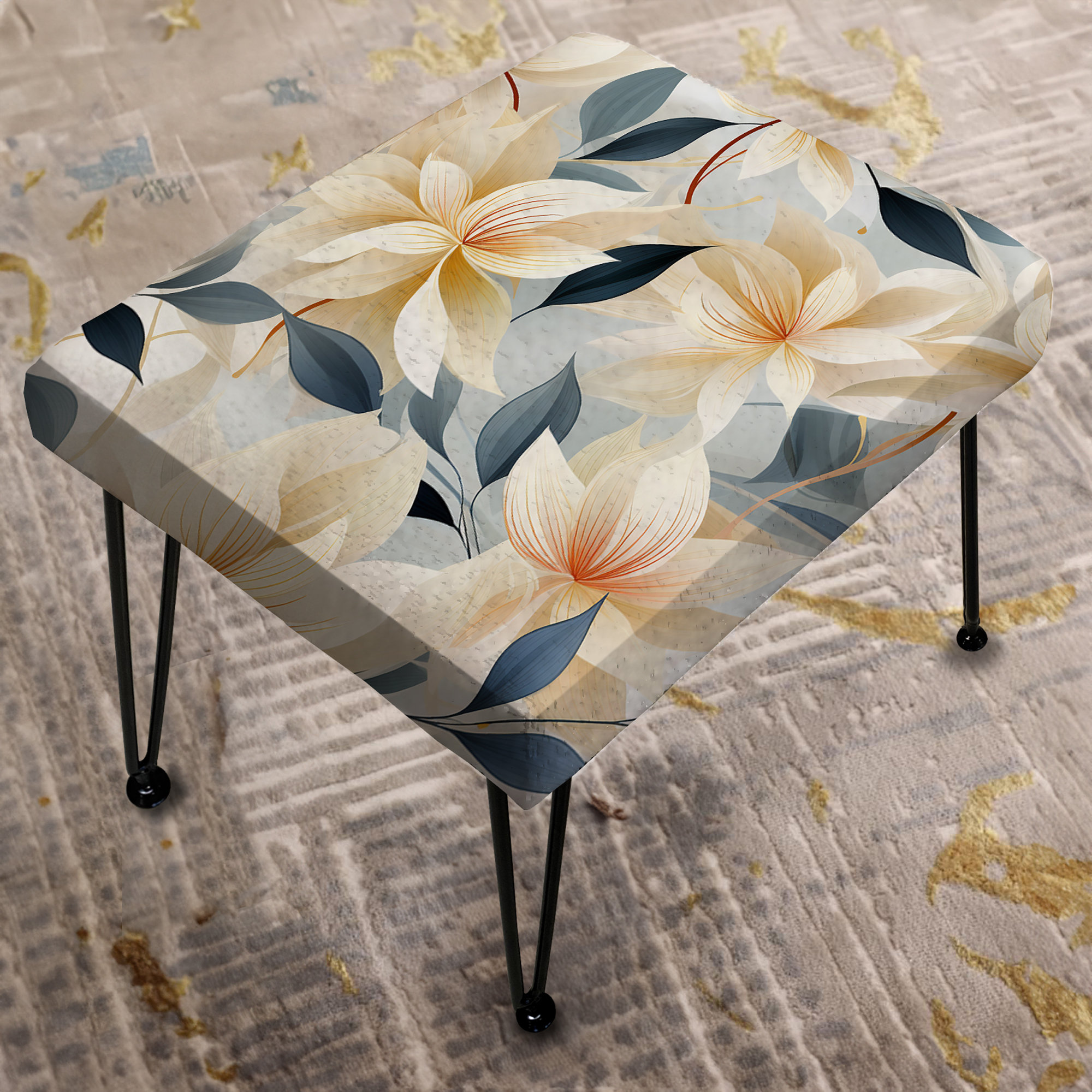 Design Art Elegant Ivory Floral Pattern I - Floral Rectangle Ottoman ...