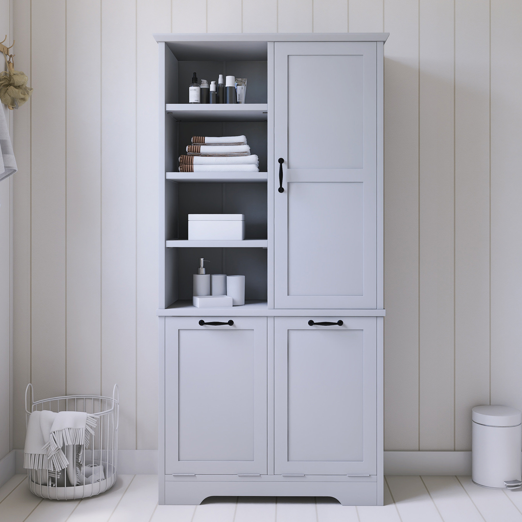 Rebrilliant 68" Tall Bathroom Storage Cabinet With Open Shelve | Wayfair