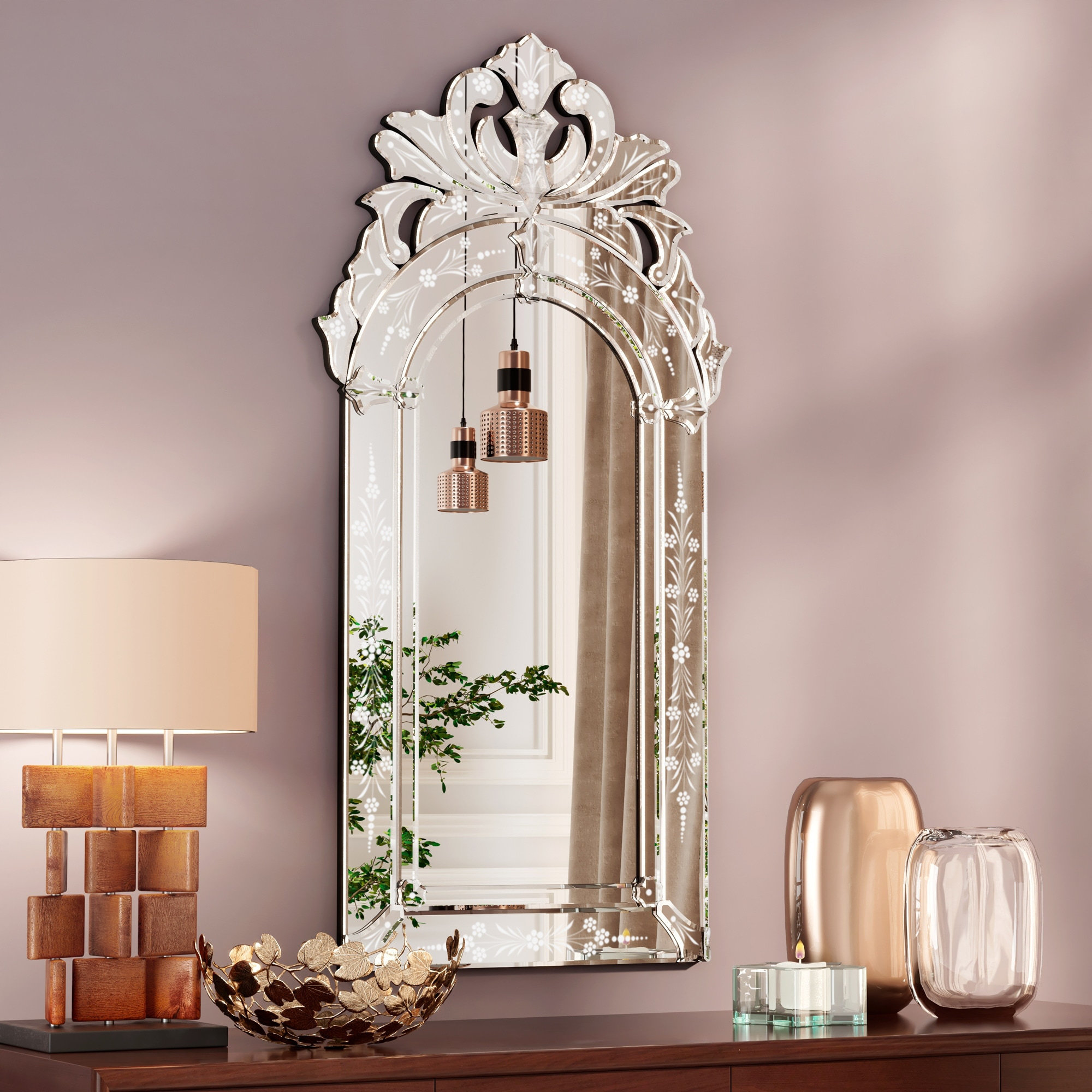 House of Hampton® Gisella Beveled Frameless Wall Mirror with Floral ...