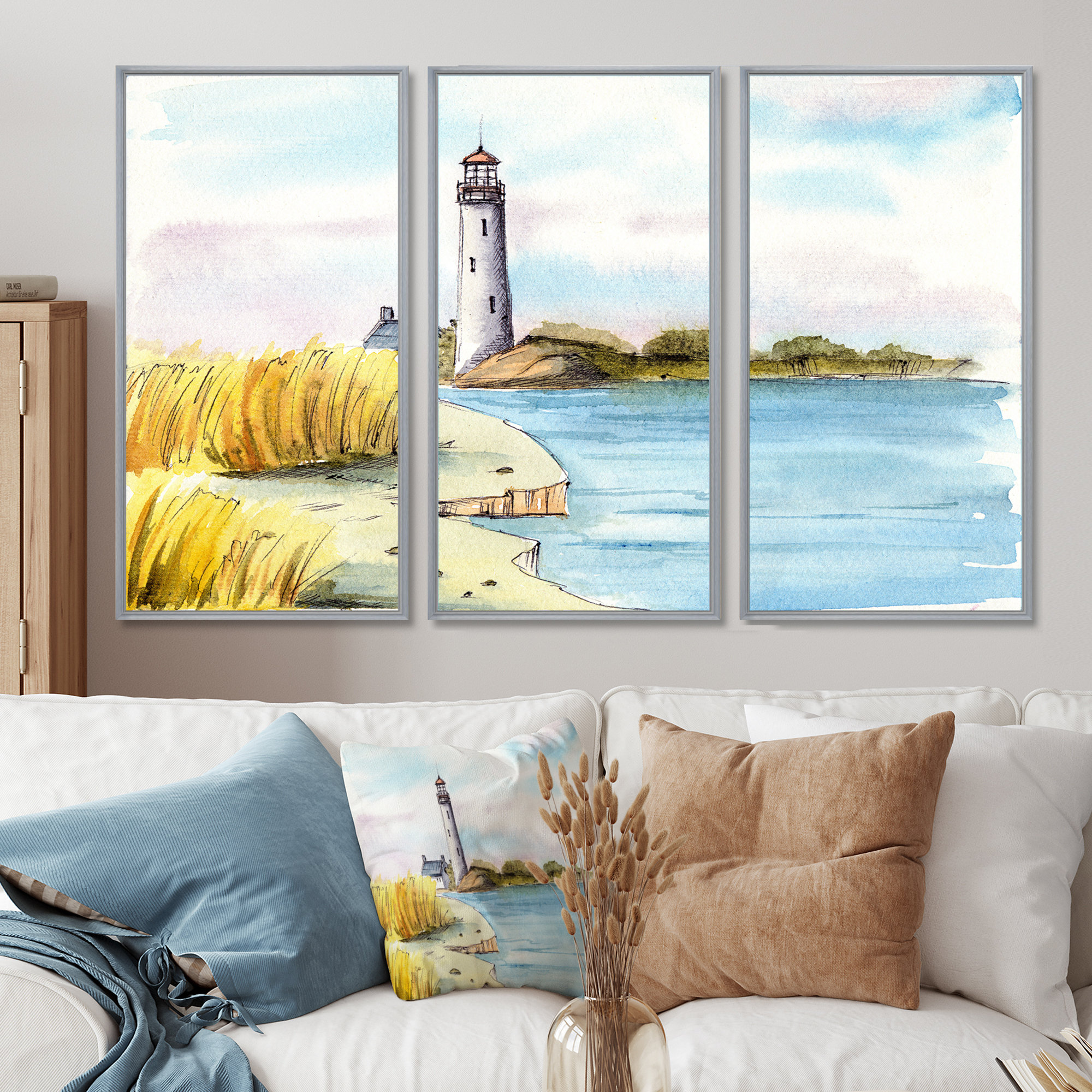 Breakwater Bay Lighthouse on a Distant Seashore - 3 Piece Floater Frame ...