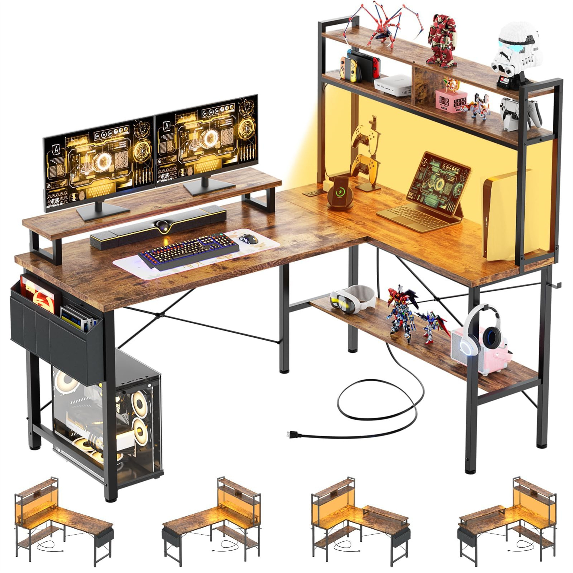Borough Wharf L Shaped Gaming Desk With Power Outlets & LED Lights ...