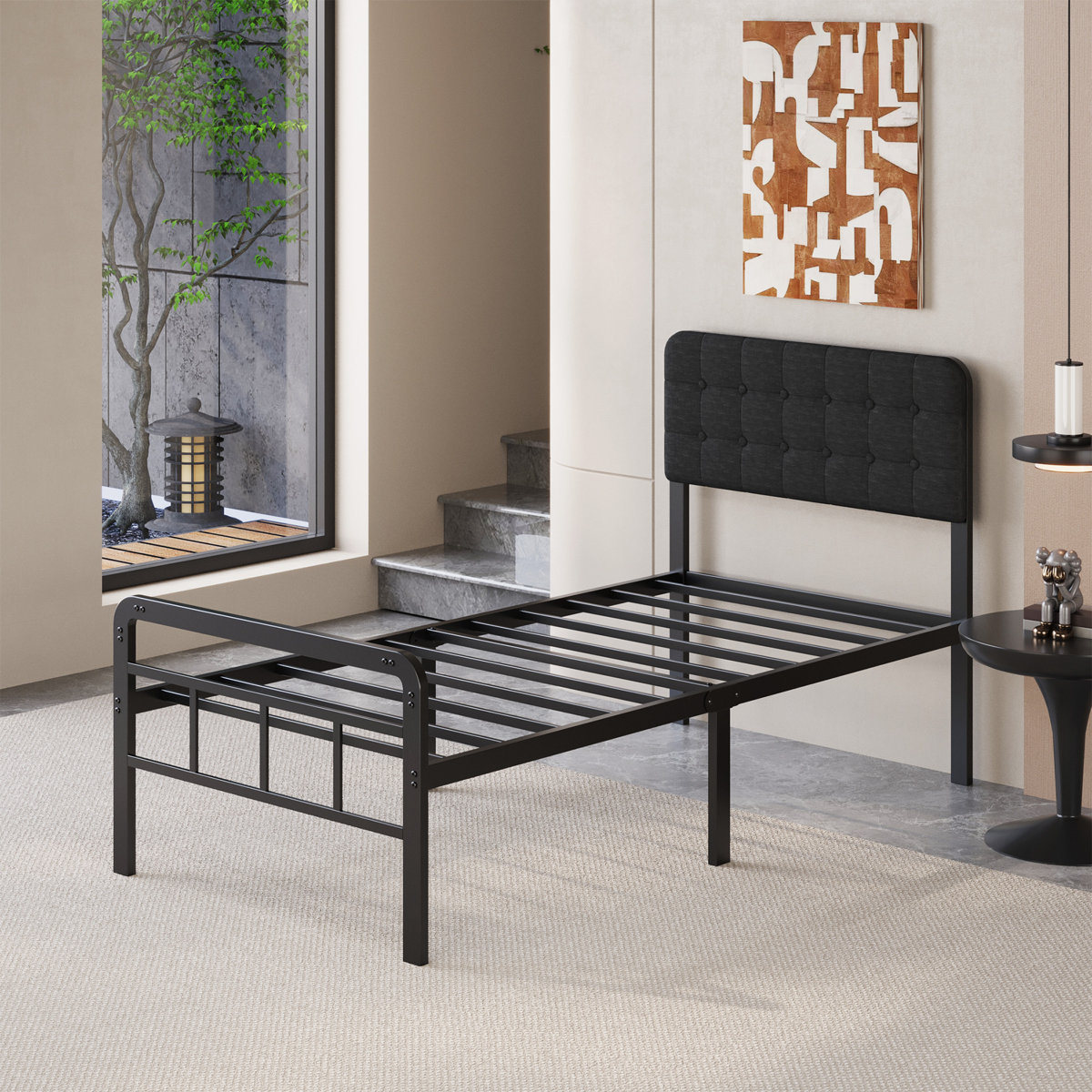 17 Stories 16 Inch Bed Frame with Black Upholstered Headboard and Metal ...