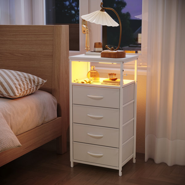 17 Stories Smart LED Bedside Table With 4 Fabric Drawers, Power Outlets ...