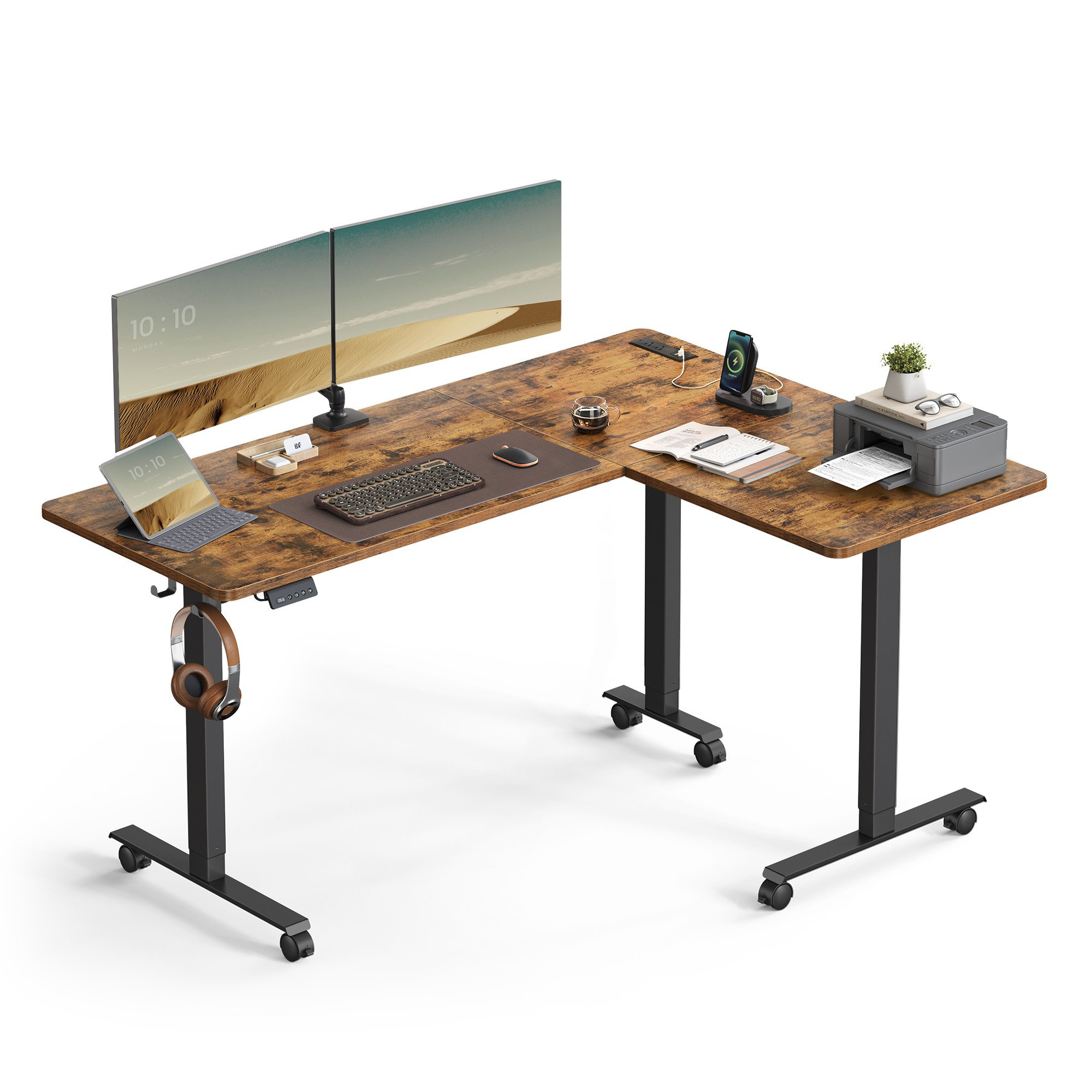 Inbox Zero 63" L Shaped Height Adjustable Computer Desk With Wheels ...