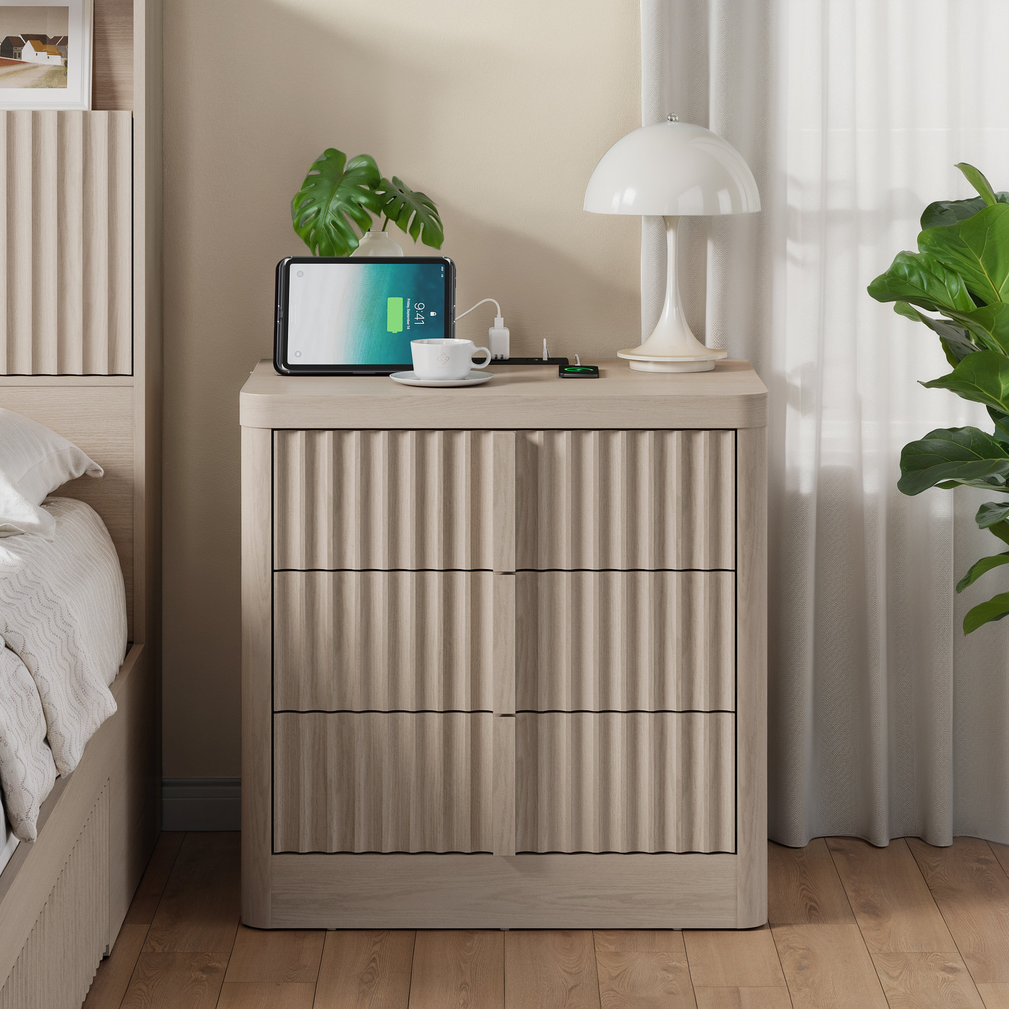 Winston Porter Fluted Nightstand With Charging Station, 23.6" Night ...