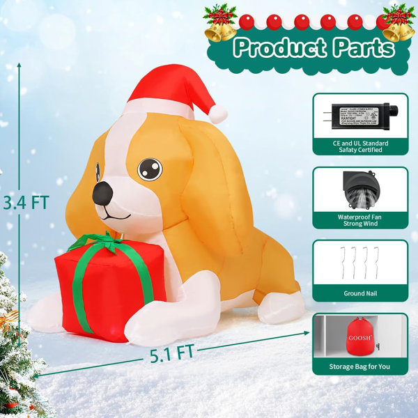 The Holiday Aisle® Christmas Inflatable 5 FT Christmas Inflatable Dog ...