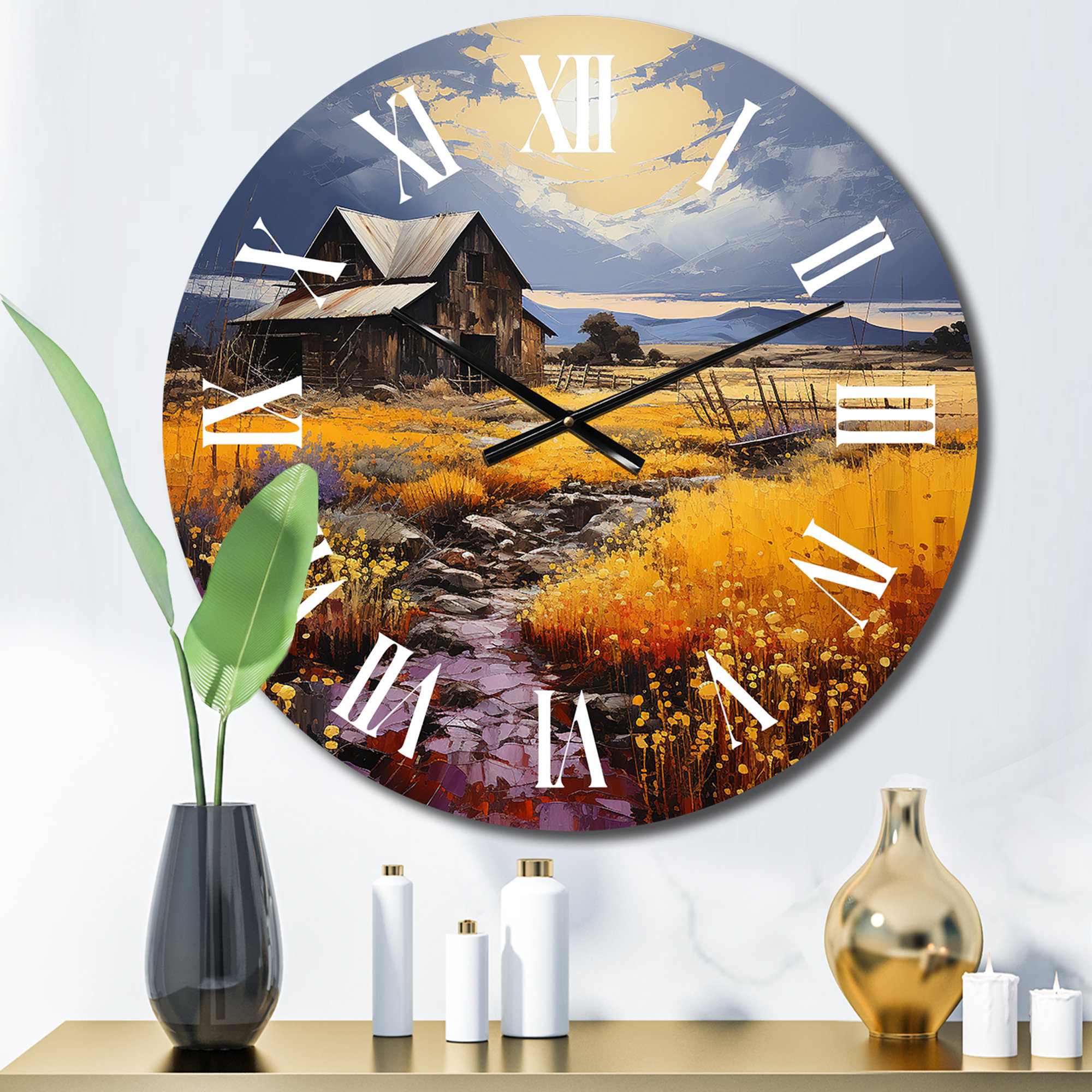 Design Art Yellow Barn Minimalsim Landscape I - Countryside Wall Clock ...