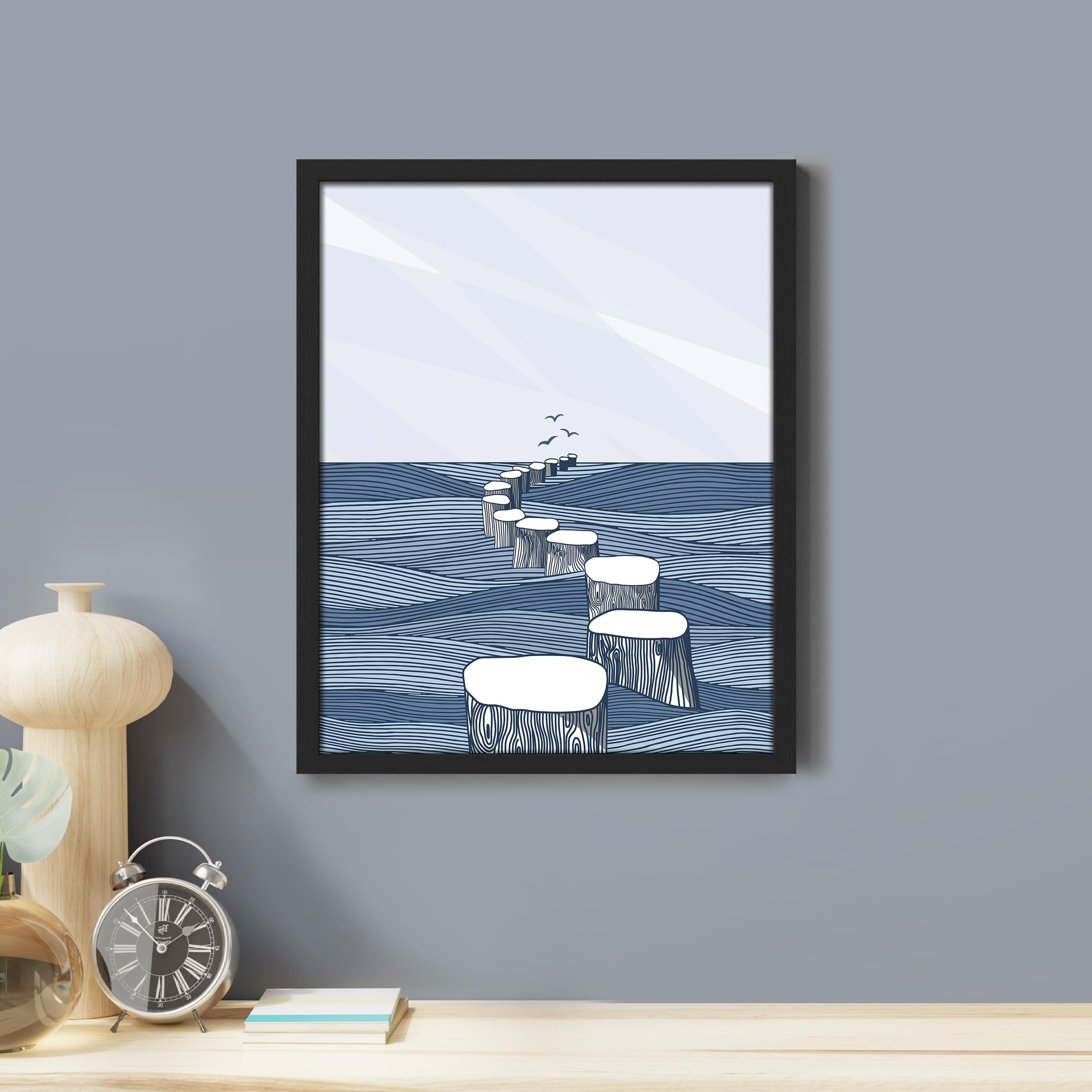 SIGNLEADER " Serene Nautical Landscape With Pier Pillars " on Paper ...