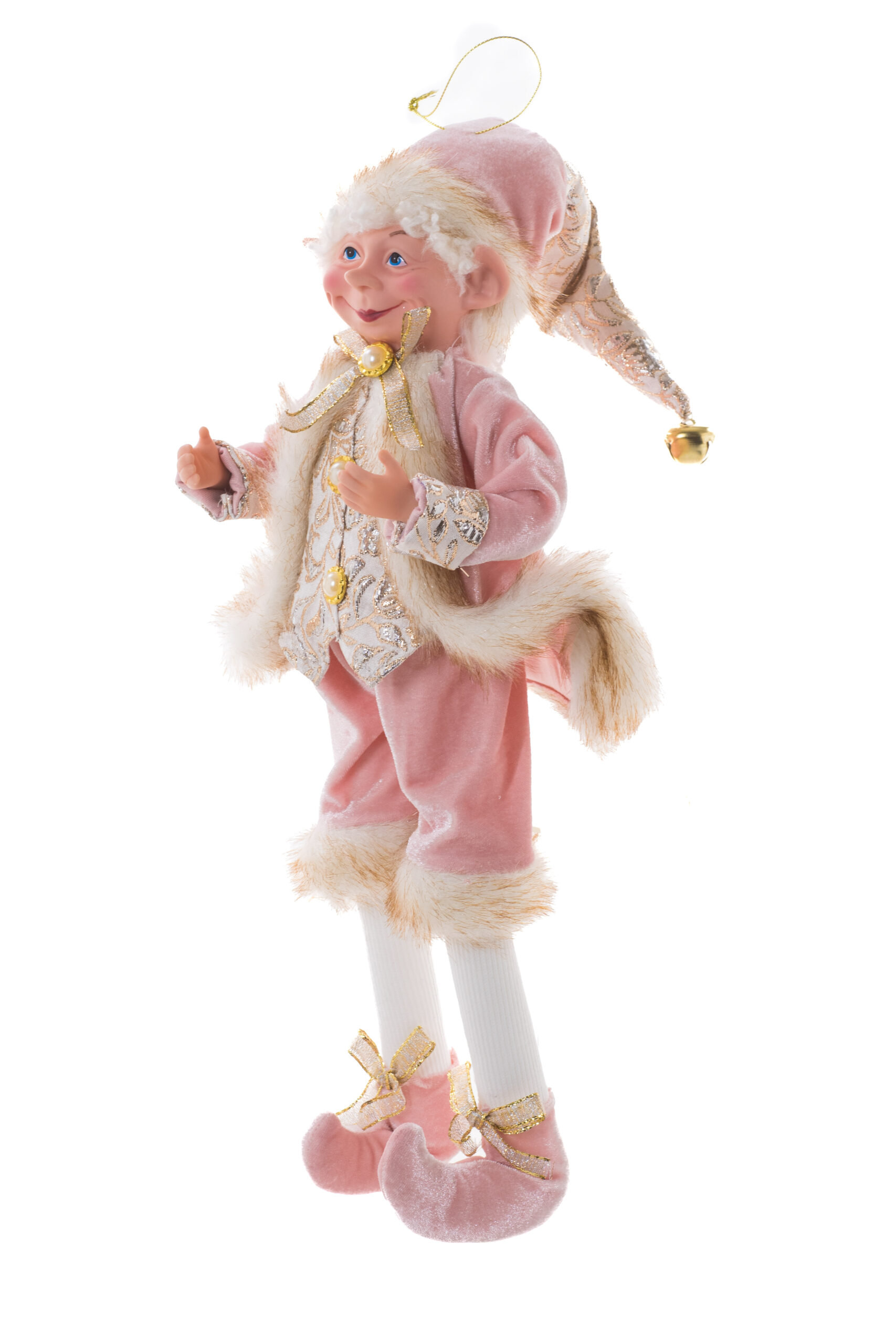 The Holiday Aisle® Pink/Gold Fabric Hangable Dapper Elf with Adjustable Legs | Wayfair