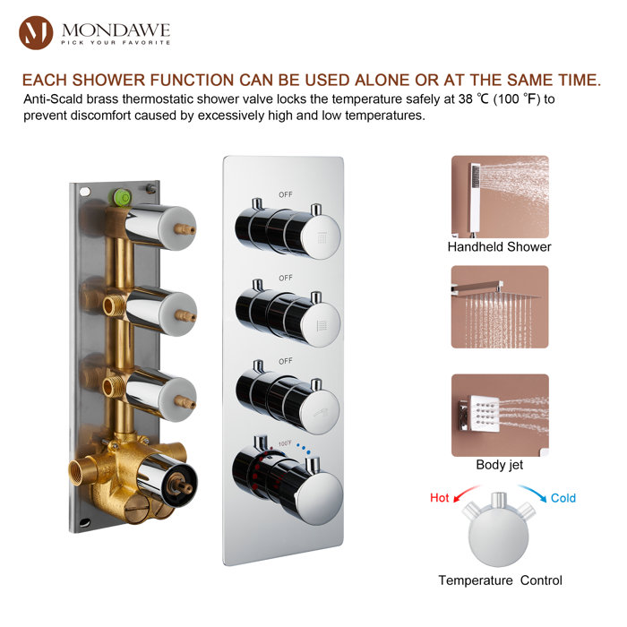 mondawe Herathena 3 Functions Wall Mounted Luxury Shower System with 6 ...