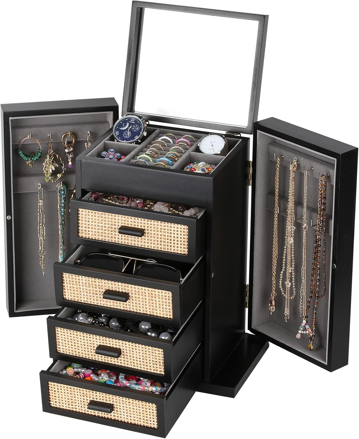 Bayou Breeze Jewelry Organizer, Rattan Jewelry Box, 5 Layer Wooden ...