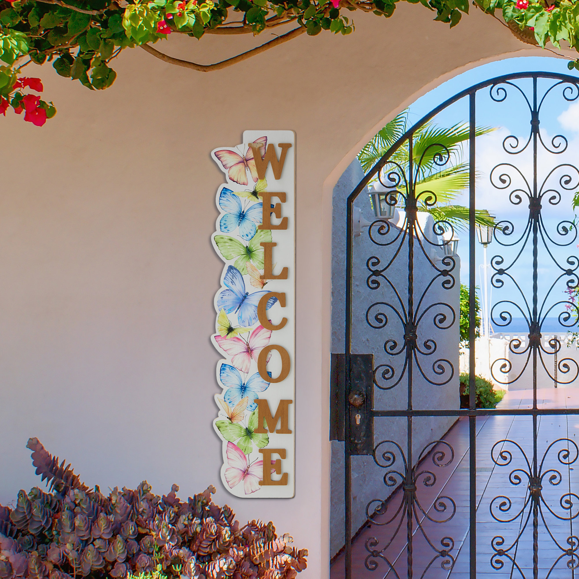 August Grove® 42"H Solid Wood "WELCOME" Porch Sign With Butterfly | Wayfair
