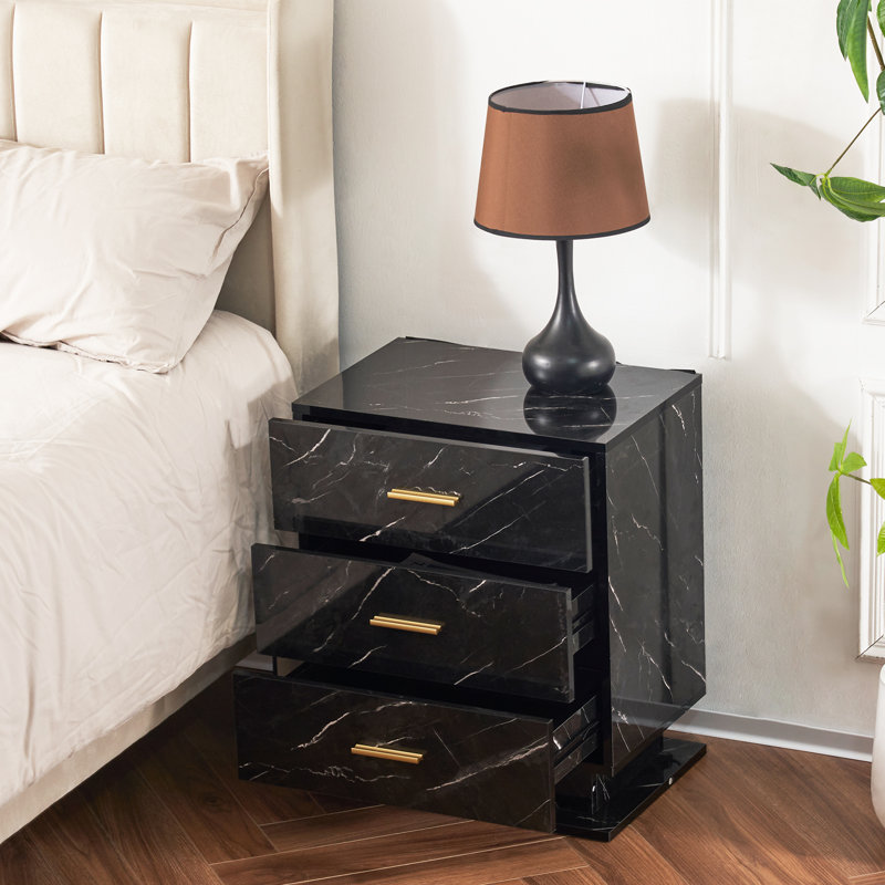 Orren Ellis Black Glossy Marble Pattern Contemporary Nightstand | Wayfair