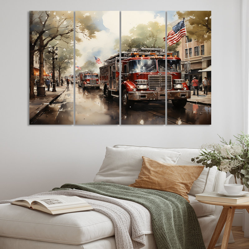 Williston Forge Fire Truck II On Metal 4 Pieces Print | Wayfair