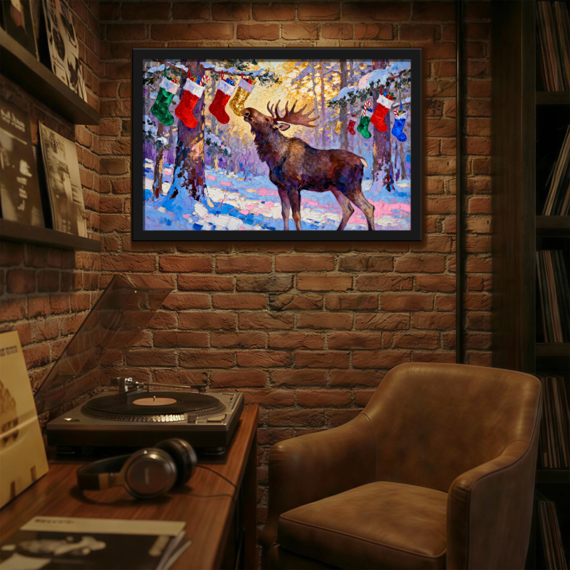 Foundry Select Christmas Christmas Moose With Stockings In Snowy Forest ...