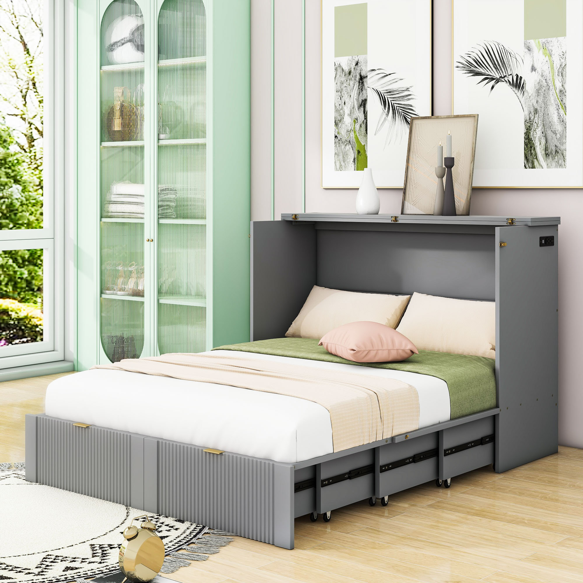 Latitude Run® Murphy Bed with Built-in Sockets & USB Ports, Storage ...