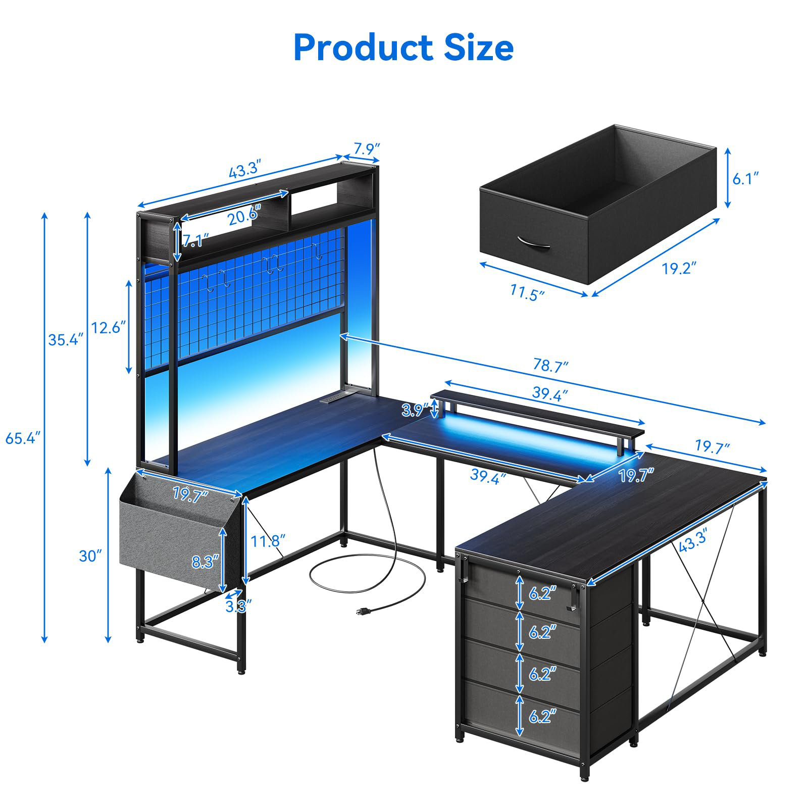 Inbox Zero U Shaped Gaming Desk, 78.7" Reversible Computer Desk with ...