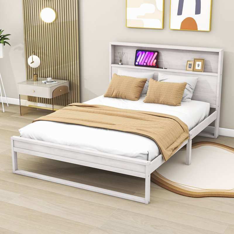 Latitude Run® Wooden Platform Bed with Storage Headboard, Socket and ...