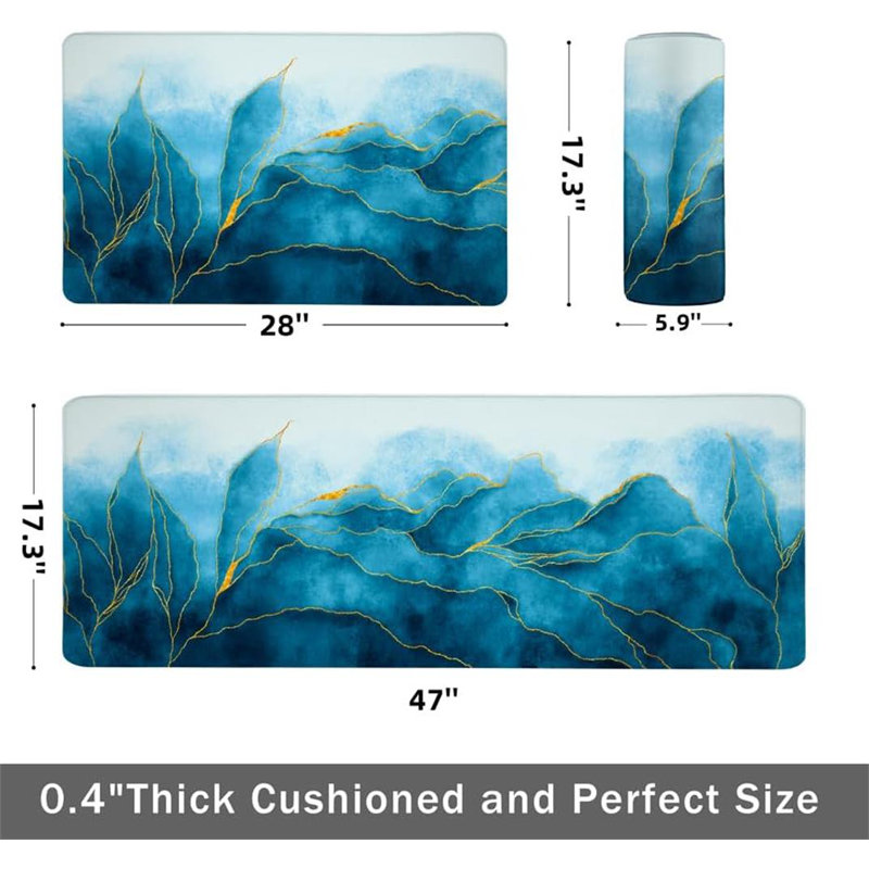 Everly Quinn Modern Blue And Gold Memory Foam Kitchen Rugs Sets Of 2 ...