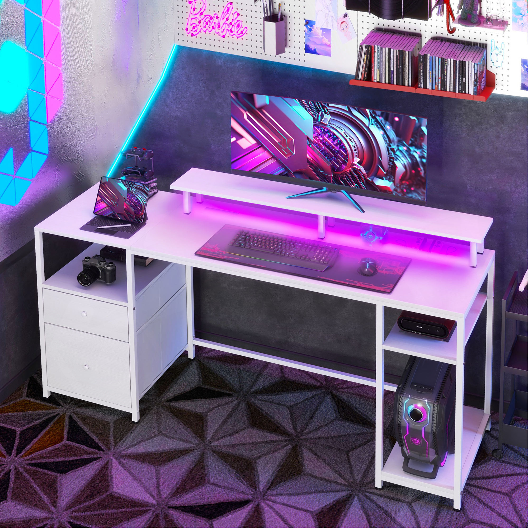 Mr Hua 61" Computer Desk With LED Lights, Power Outlets, And USB Ports ...