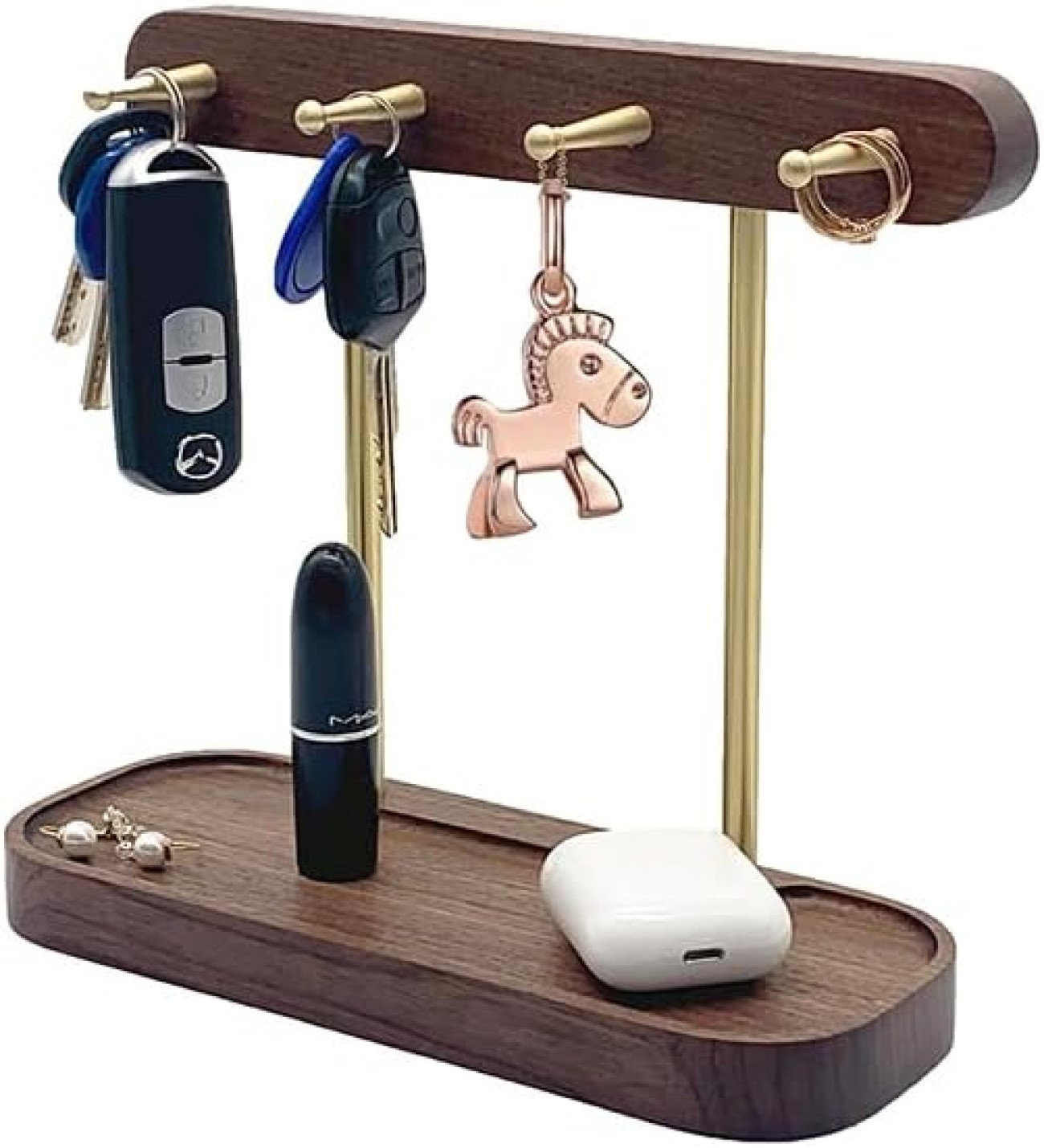 INSALER Key Rack Tabletop Key Holder Stand Modern Walnut Wood & Brass ...