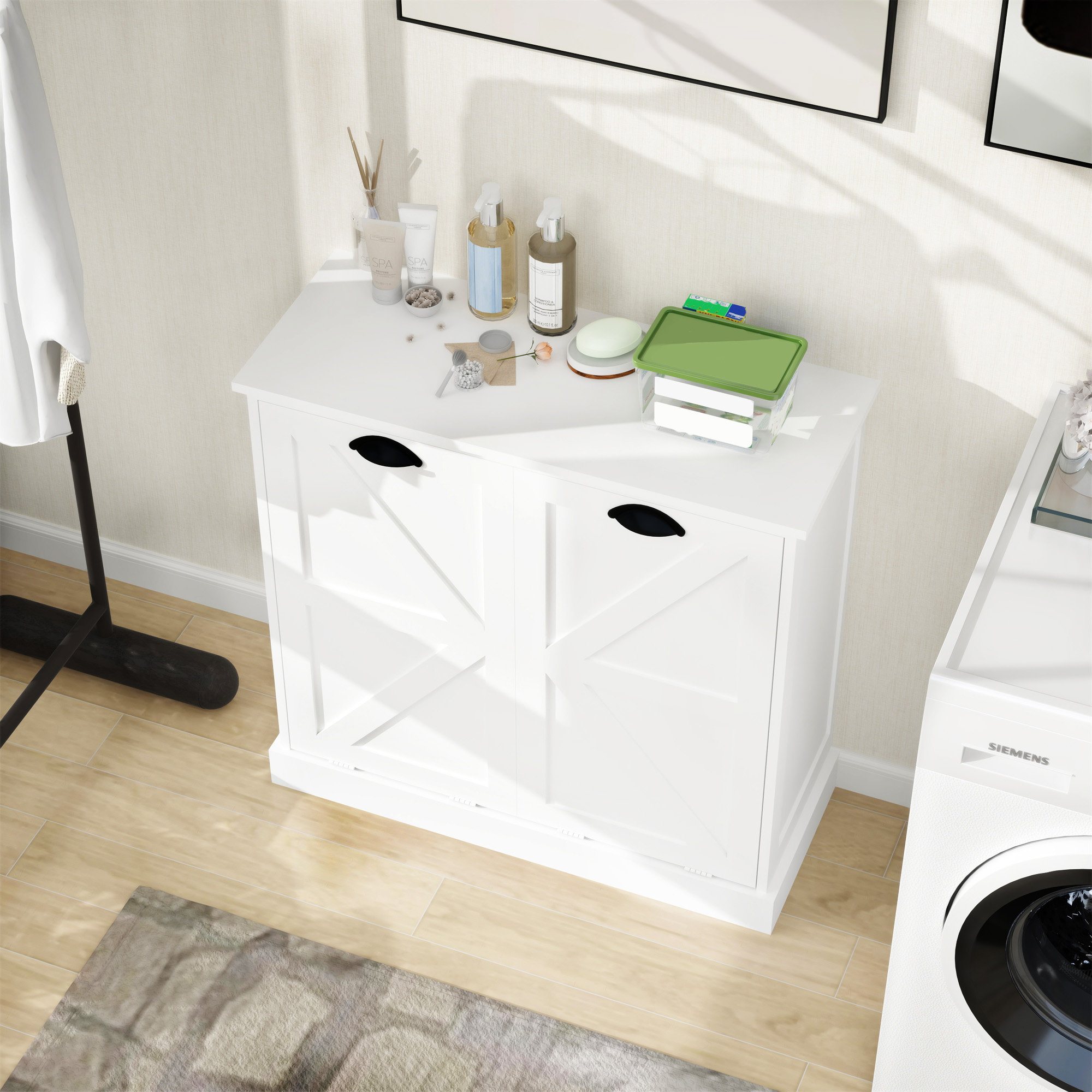 Gracie Oaks Two-Compartment Tilt-Out Laundry Sorter Cabinet-White ...