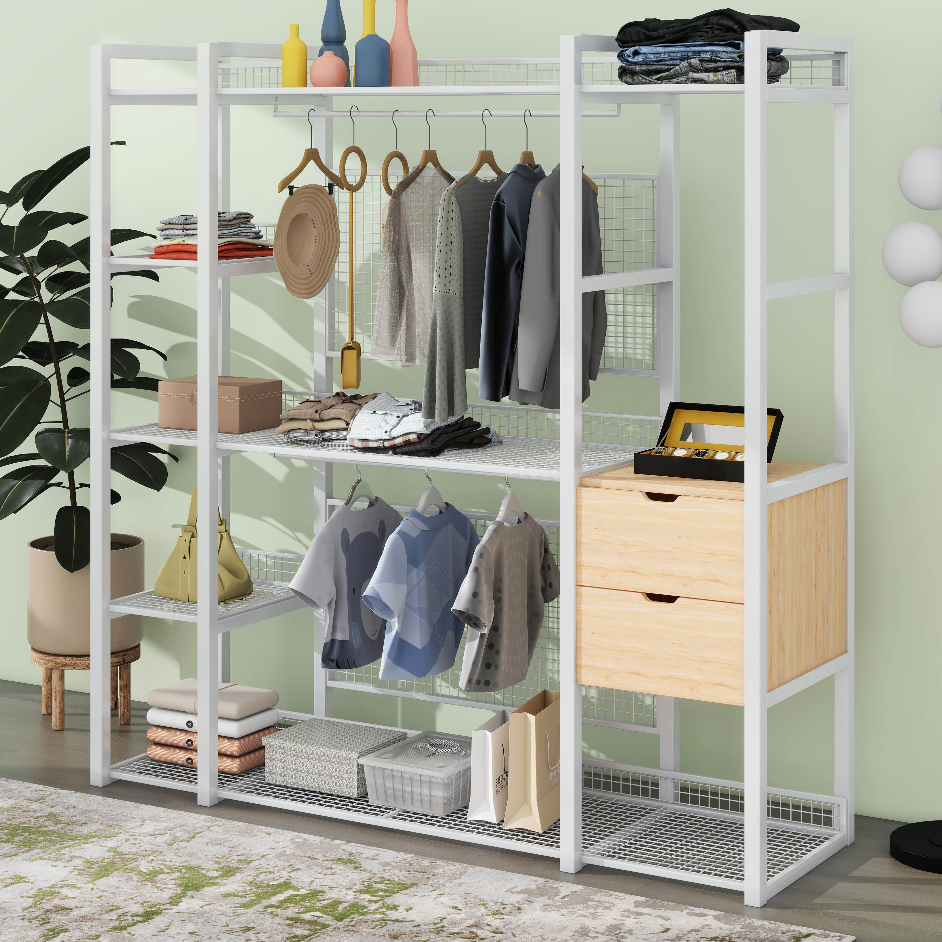 17 Stories Open-Style Wardrobe With Hanging Rails, Shelves, Drawers ...