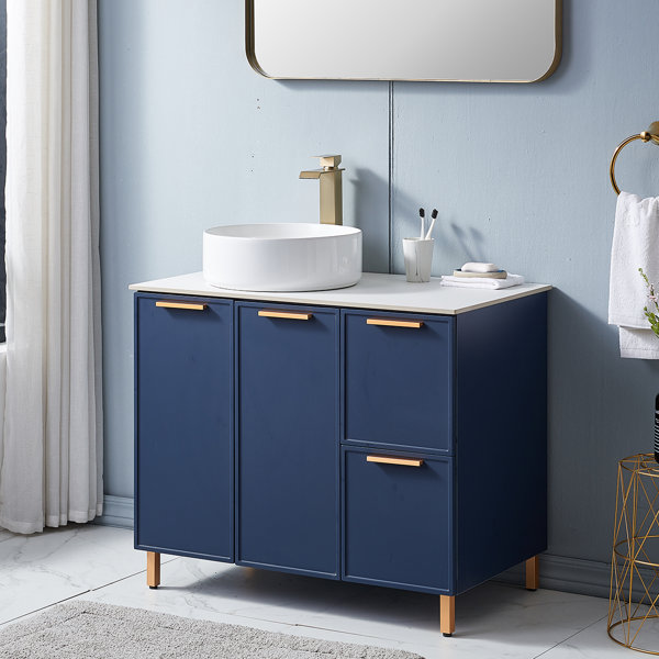 Mercer41 Laughlyn 36" Free Standing Vessel Blue Single Bathroom Vanity ...