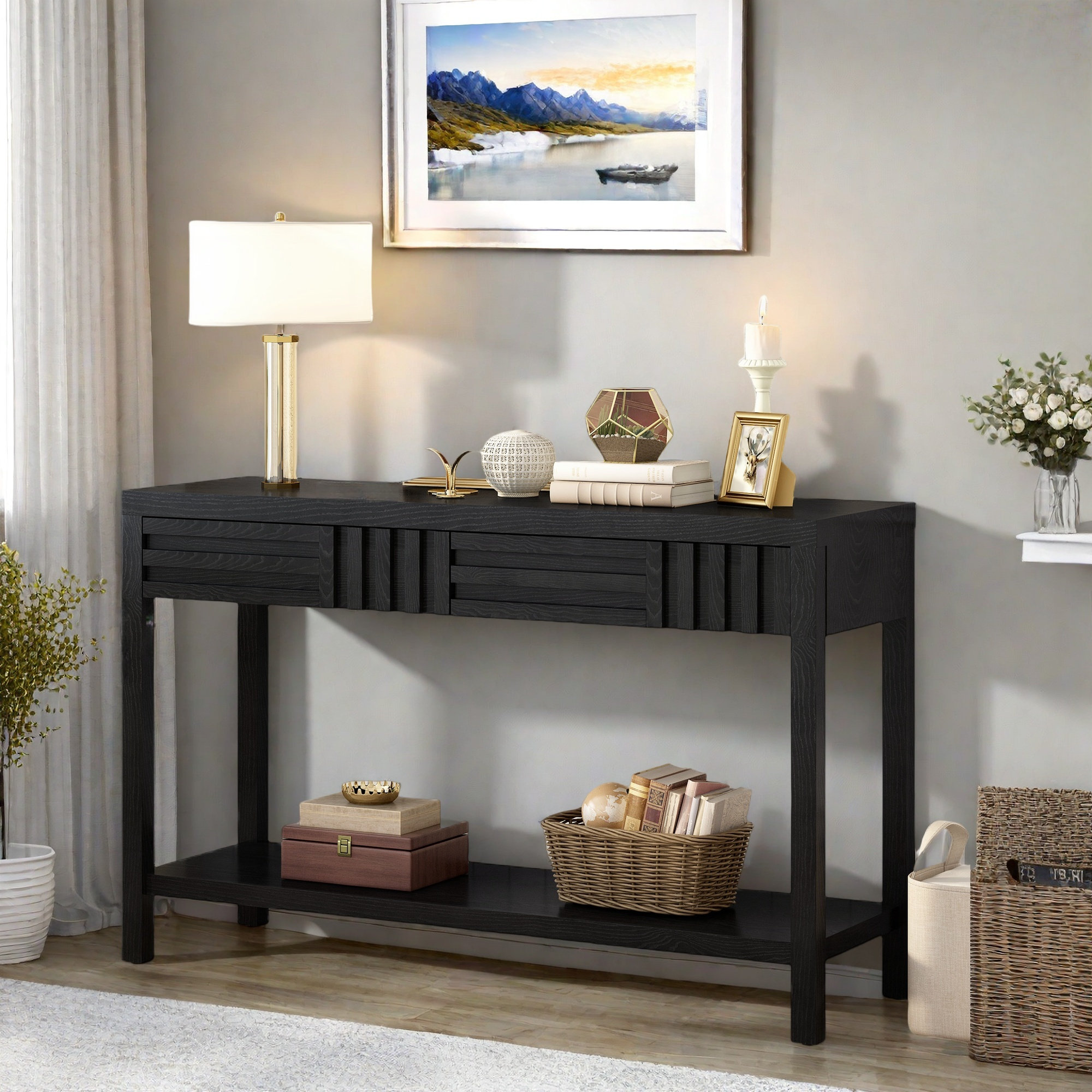 Latitude Run® Modern Console Table With Striped Design, 2 Drawers And 2 ...