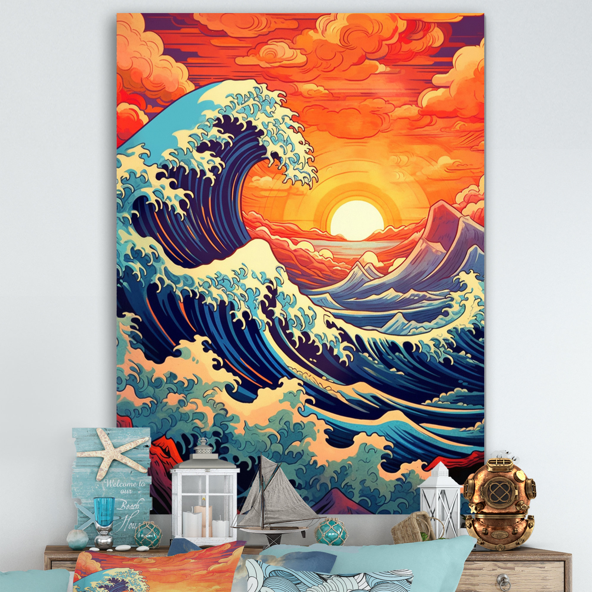 Highland Dunes Majestic Sunset Wild Waves Breaking Retro Art - Coastal ...