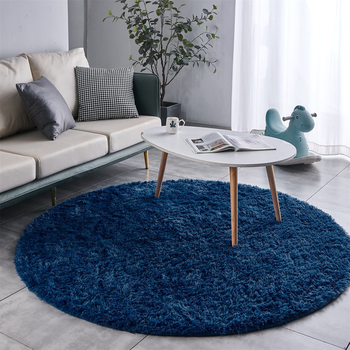 Mercer41 Navy Blue Round Rug Ultra-Soft Plush Modern 5X5 Circle Area ...